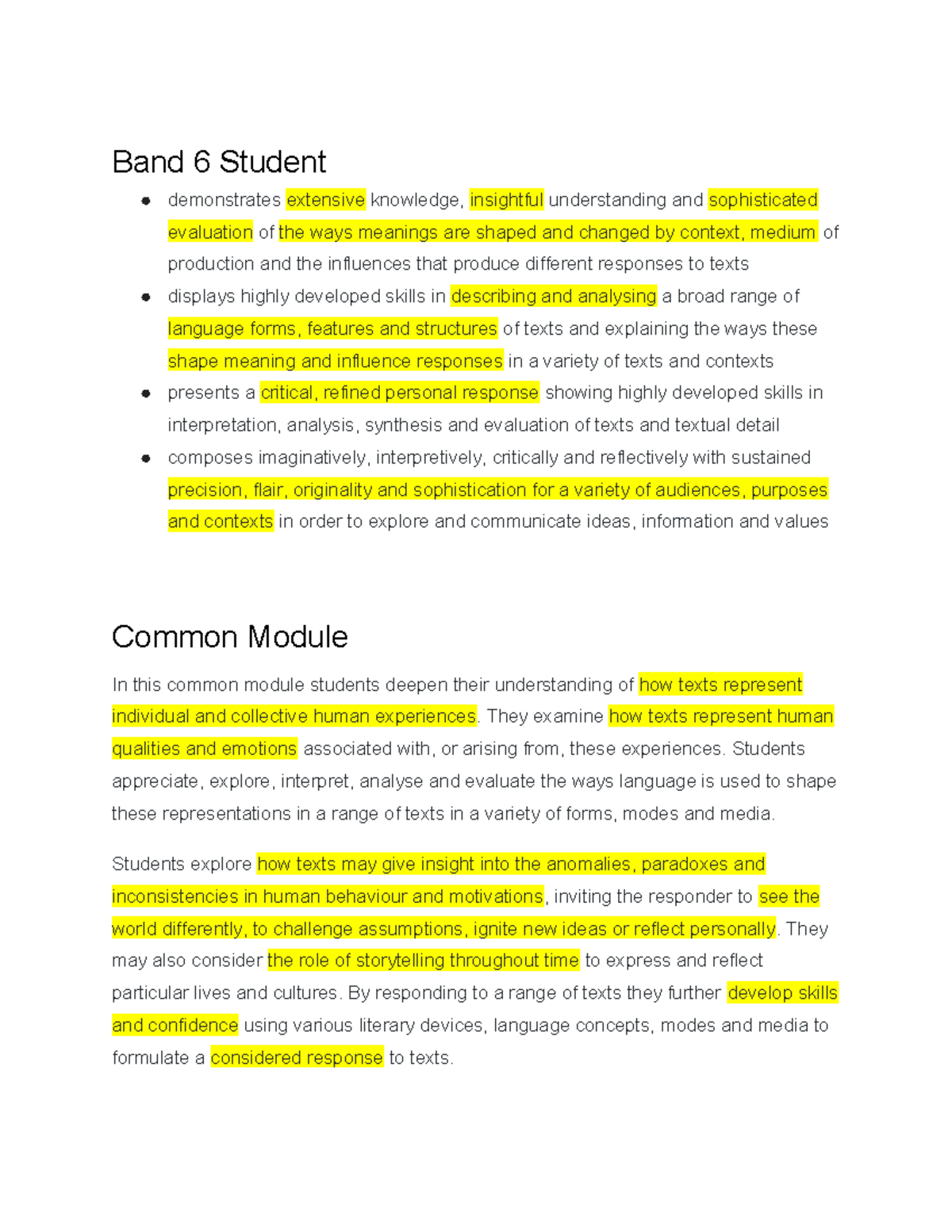 English syllabus breakdown - Band 6 Student demonstrates extensive ...