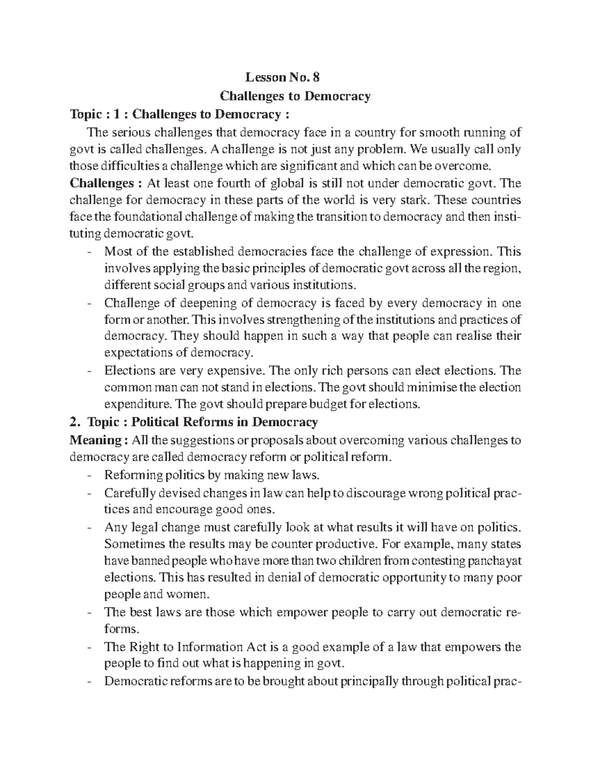 Challenges to Democracy - Lesson No. 8 Challenges to Democracy Topic ...