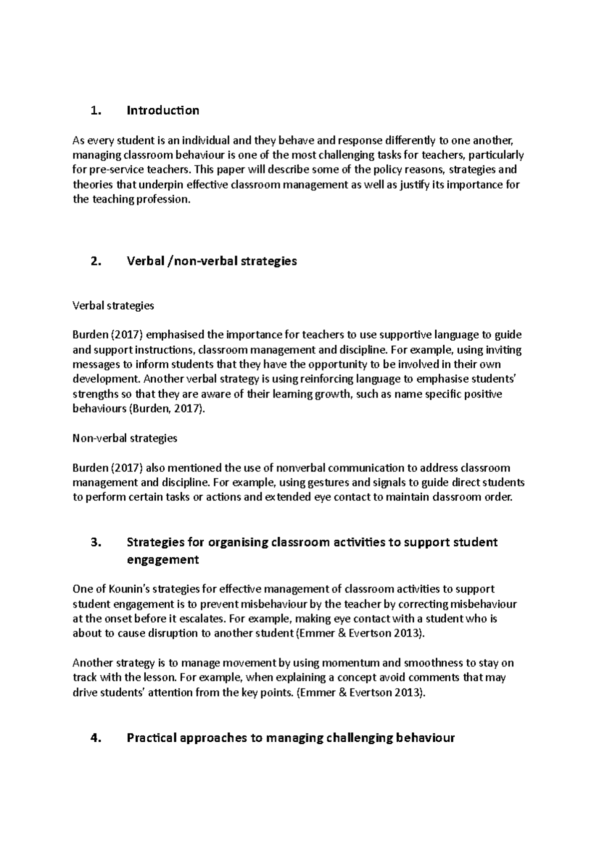 Assessment two - Classroom management report - 1. Introduction As every ...