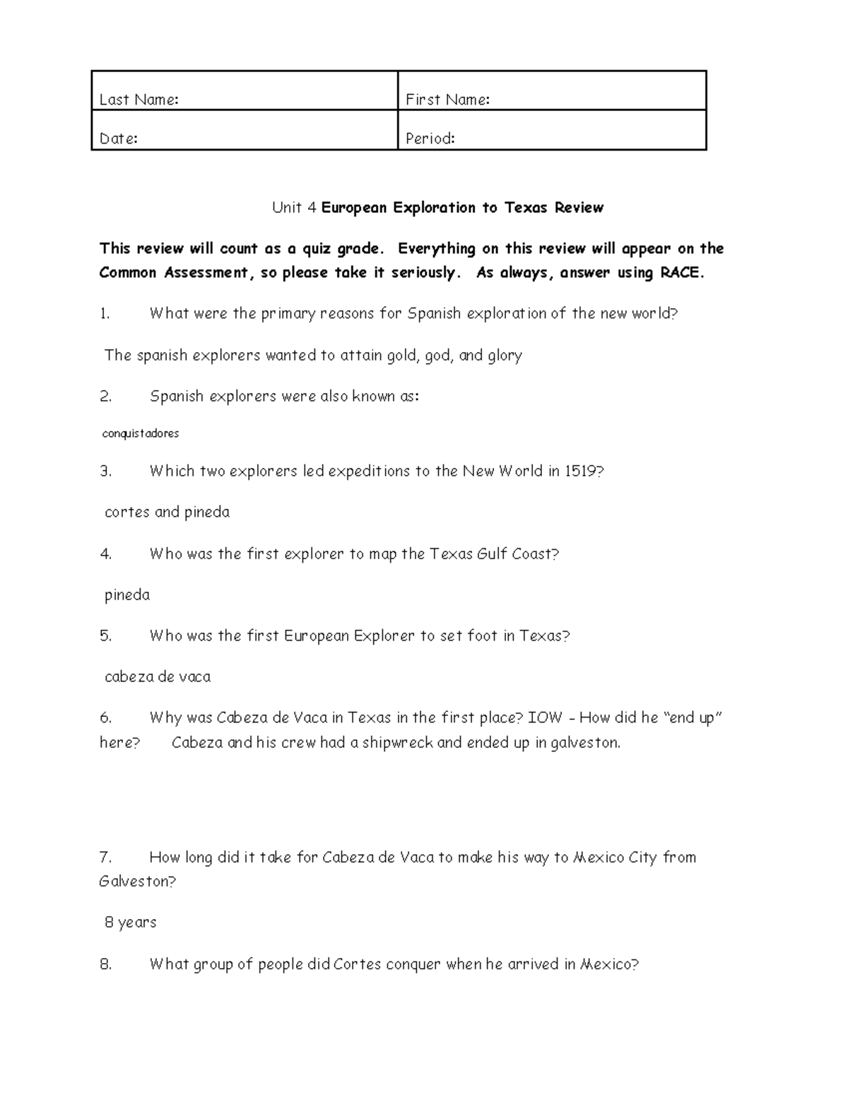 Unit 4 European Exploration to Texas Review - Everything on this review ...