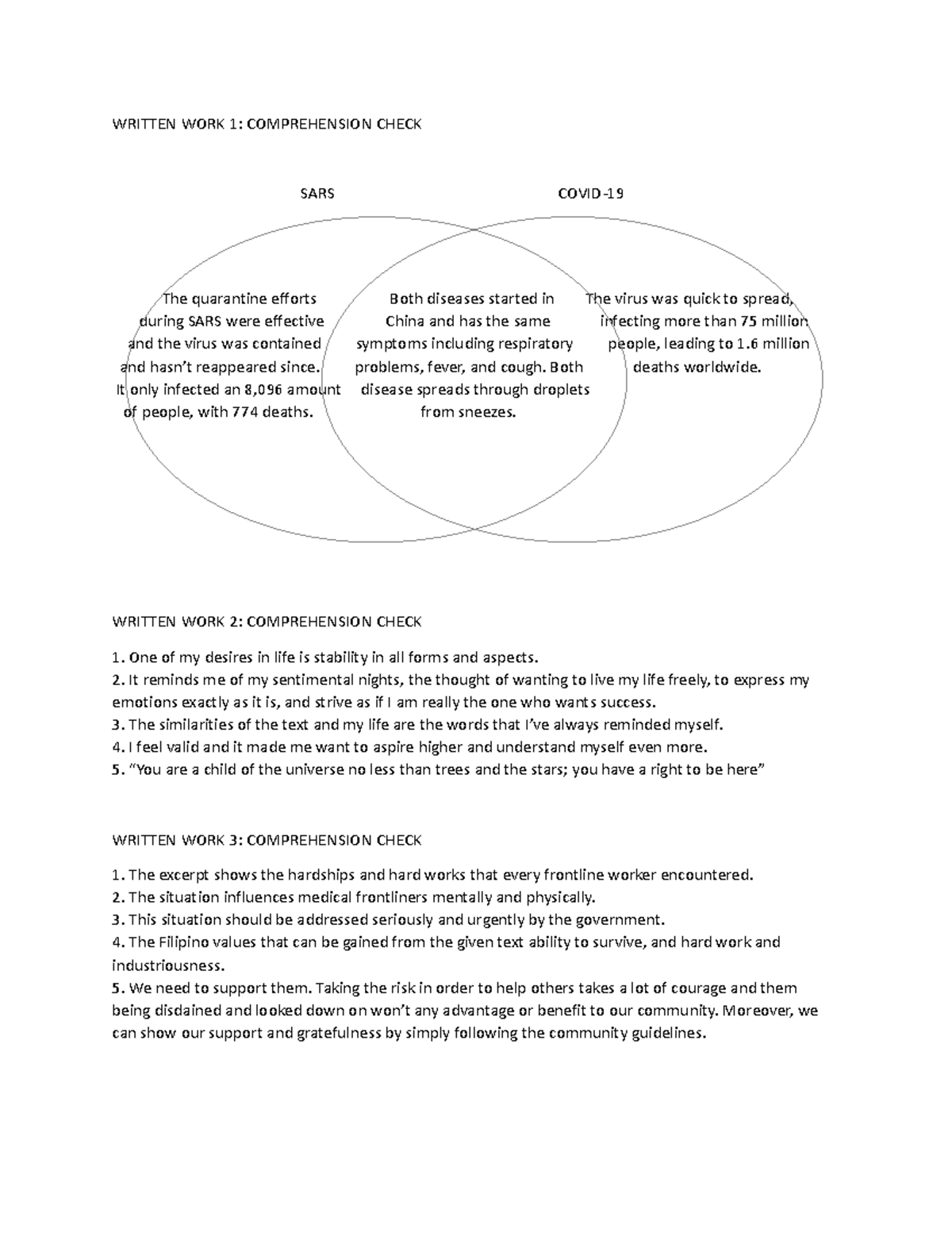 English WW - READ - WRITTEN WORK 1: COMPREHENSION CHECK SARS COVID- The ...