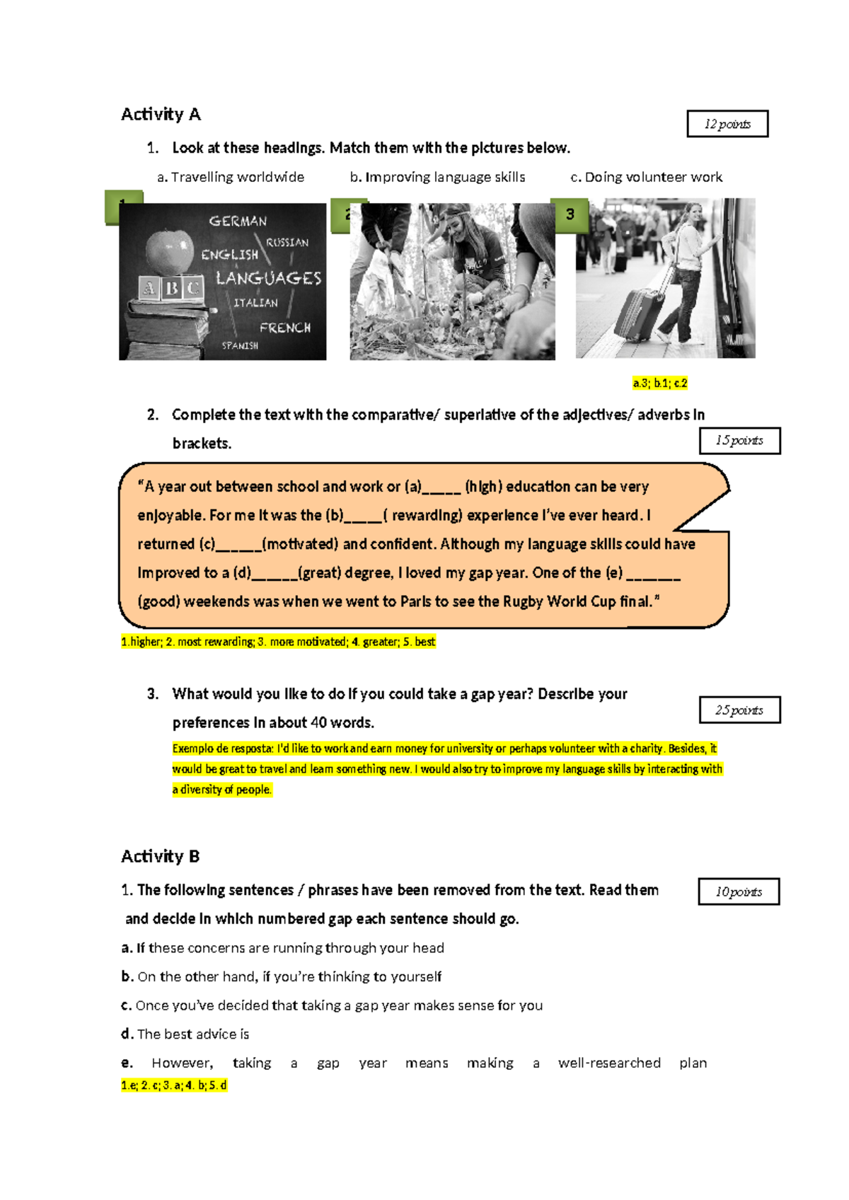 Ficha 1 Teste 1 - Activity A 1. Look at these headings. Match them with ...