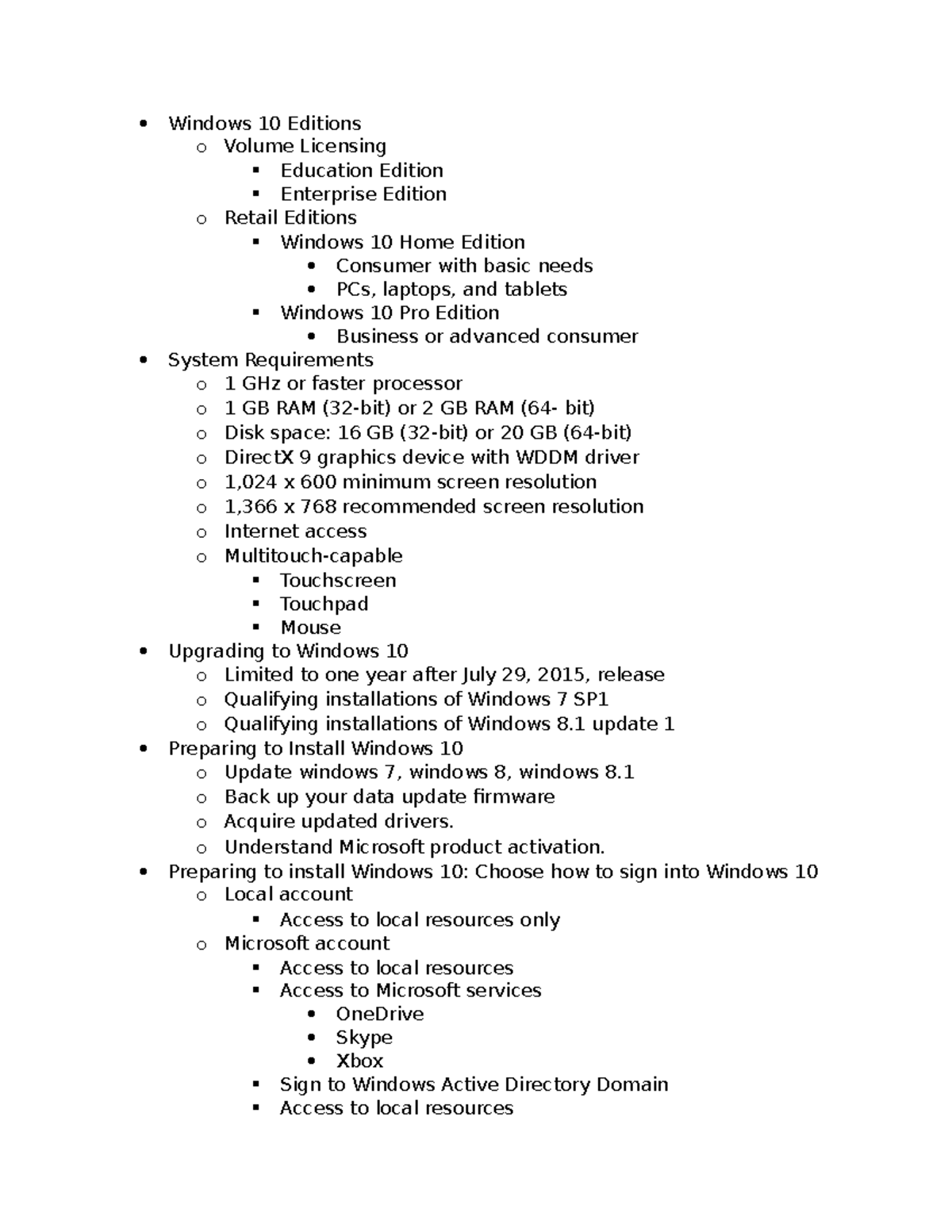 Operating system chapter 5.1 - Windows 10 Editions o Volume Licensing ...