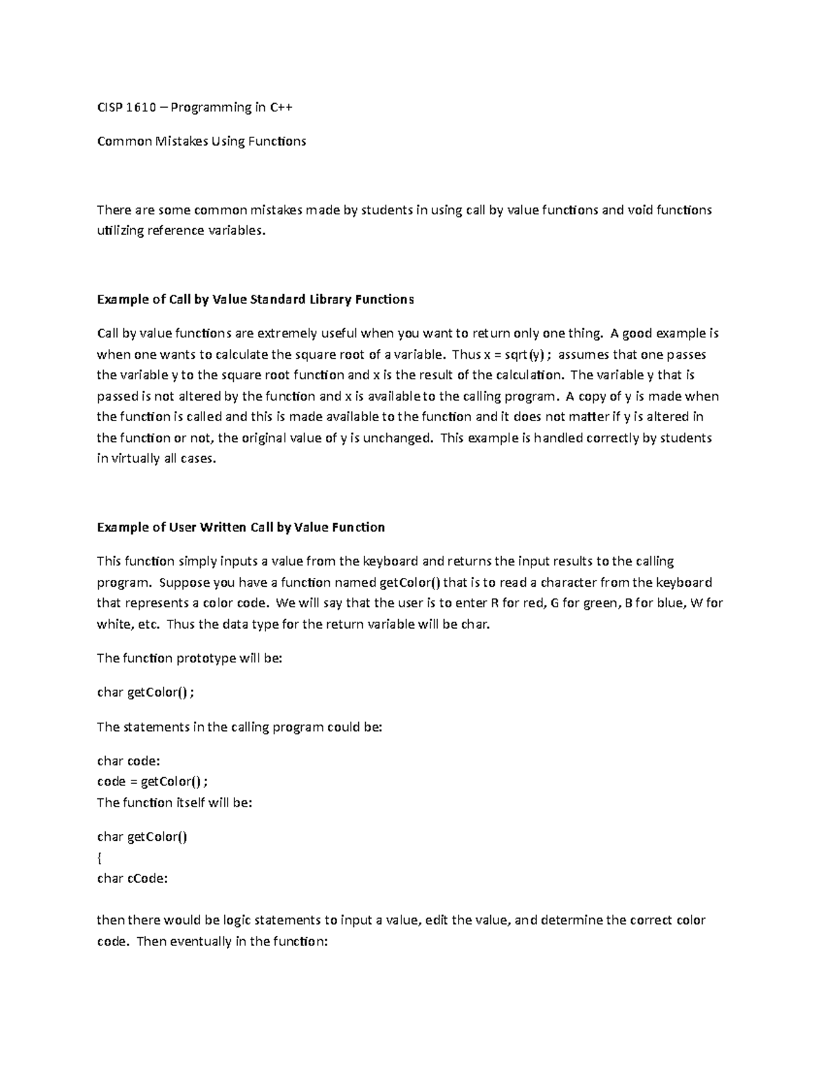 Cisp1610 Functions Lecture Notes 9 Cisp 1610 Programming In C 6697