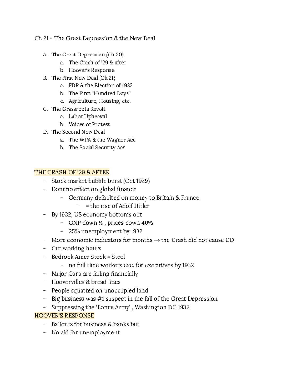 Hist 2020 ch 21 notes - great depression - Ch 21 - The Great Depression ...