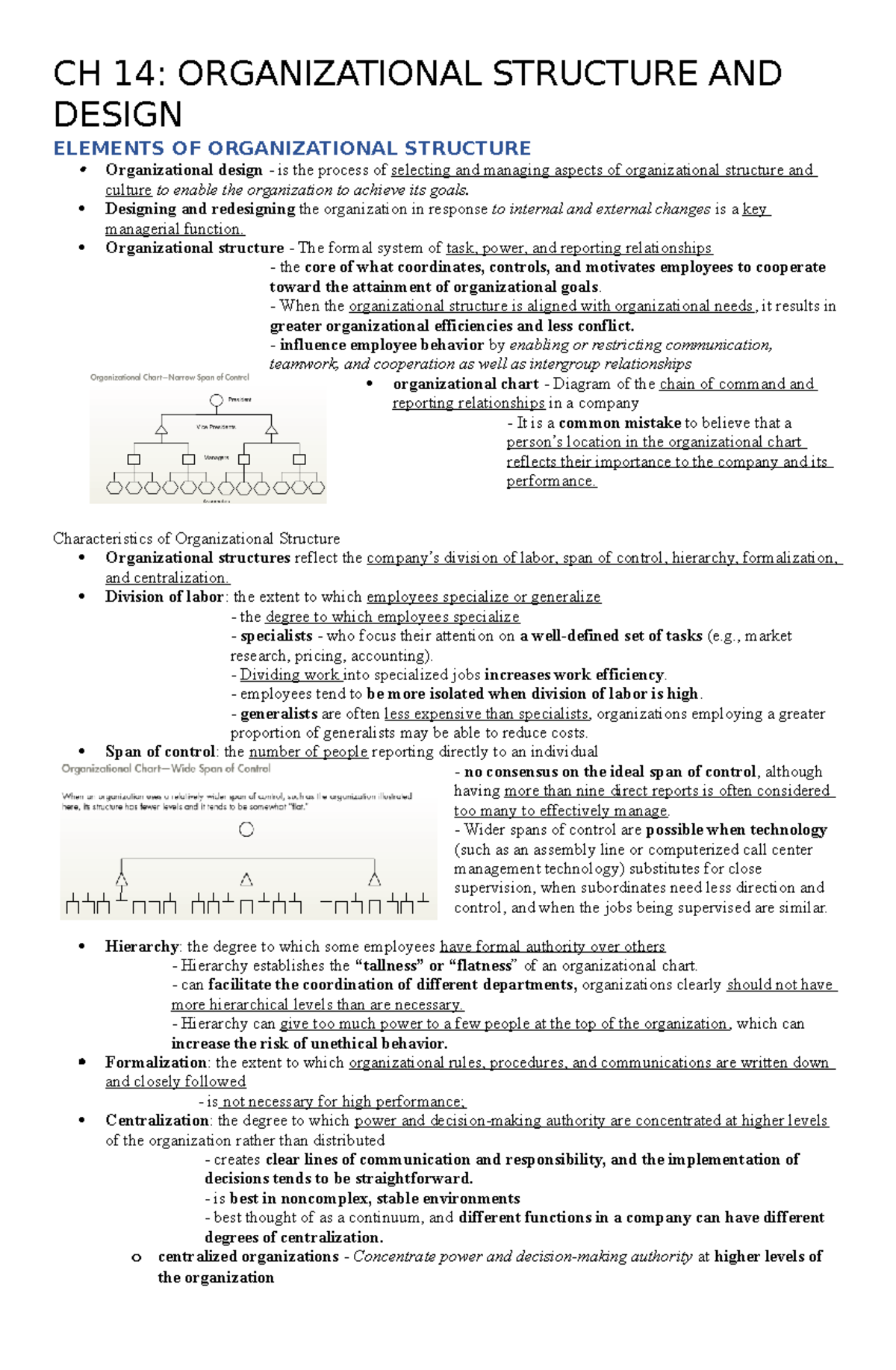 CH14-BME- Notes - CH 14: ORGANIZATIONAL STRUCTURE AND DESIGN ELEMENTS ...