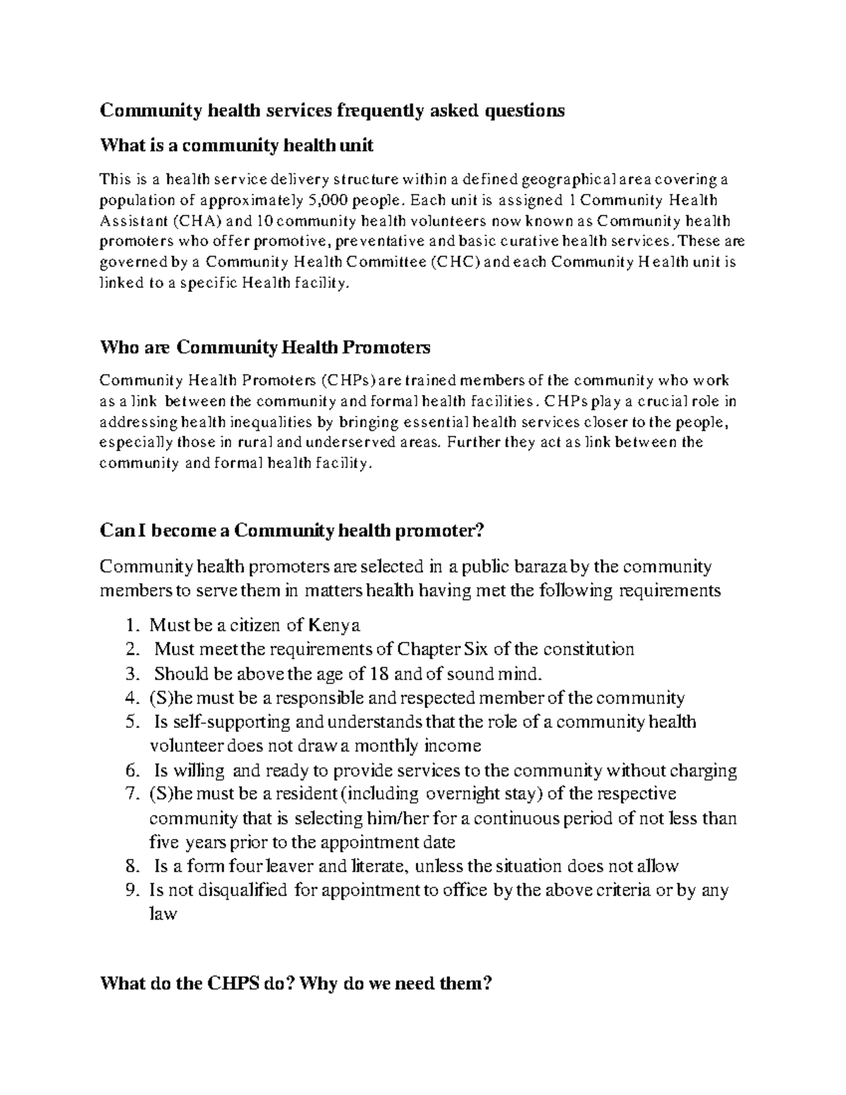 Community health services frequently asked questions - Each unit is ...