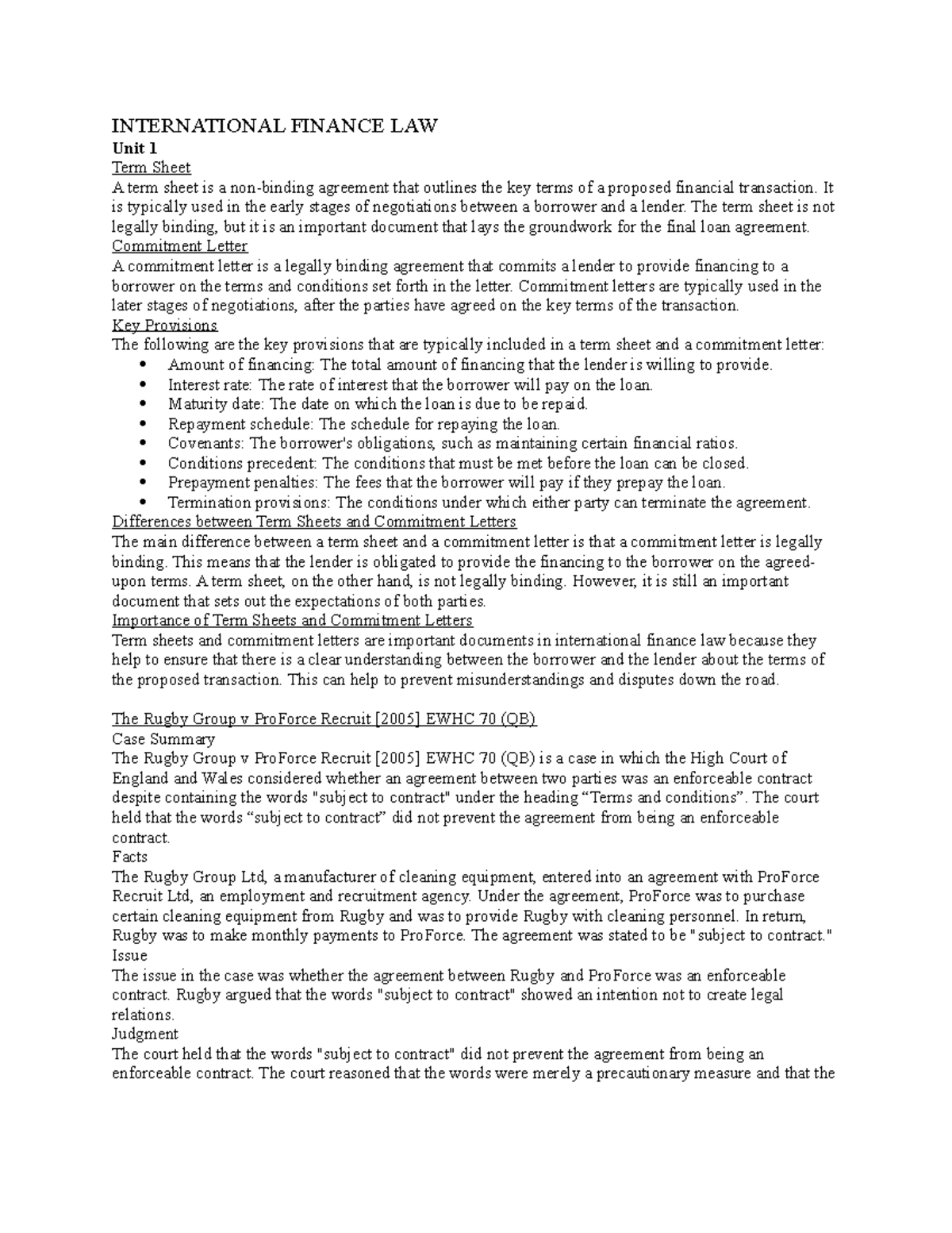 Unit notes - international finance law unit 1 - INTERNATIONAL FINANCE ...