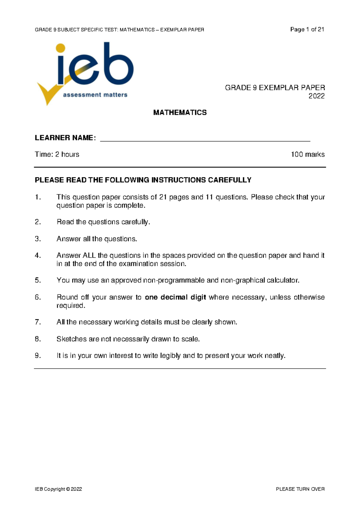 Grade 9 Mathematics SST Exemplar Paper - GRADE 9 EXEMPLAR PAPER 2022 ...
