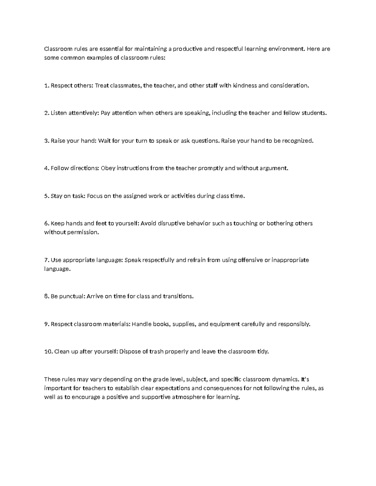Classroom rules are essential for maintaining a productive and ...
