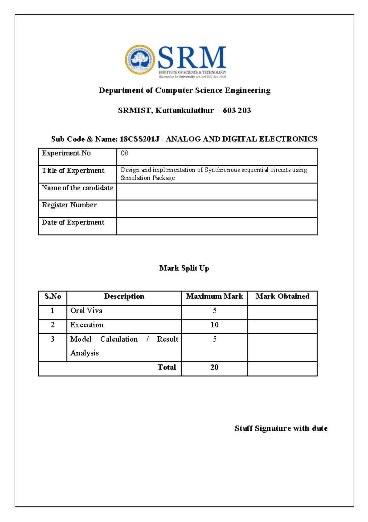 EXP 8 pdf - lauda - Department of Computer Science Engineering SRMIST, Kattankulathur 3 603 203 ...