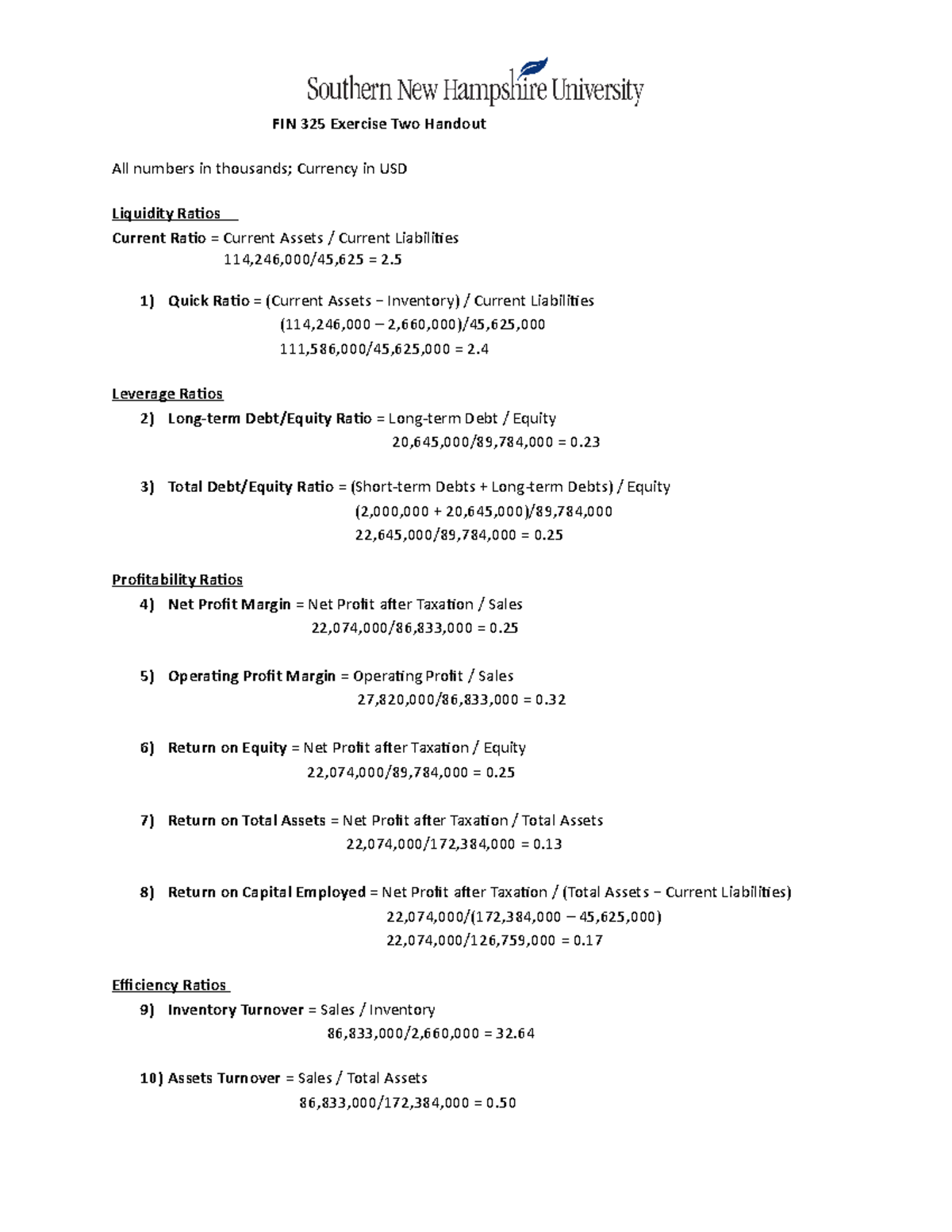 FIN 325 Exercise Two Handout - FIN 325 Exercise Two Handout All numbers ...
