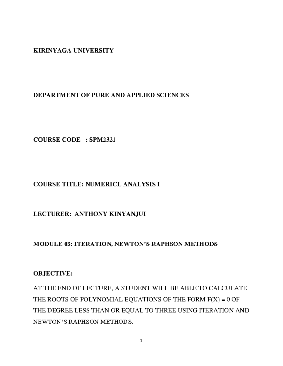 Numerical Analysis Module 03 - KIRINYAGA UNIVERSITY DEPARTMENT OF PURE ...