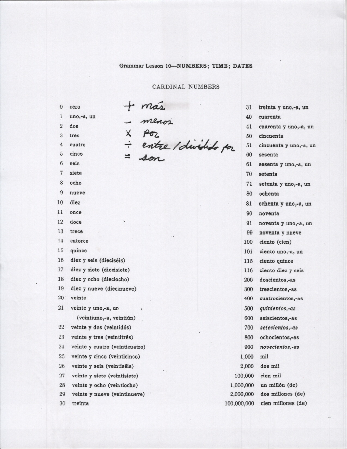 Number Reference Sheet - Grammar Lesson DATES CARDINAL NUMBERS 0 cero ...