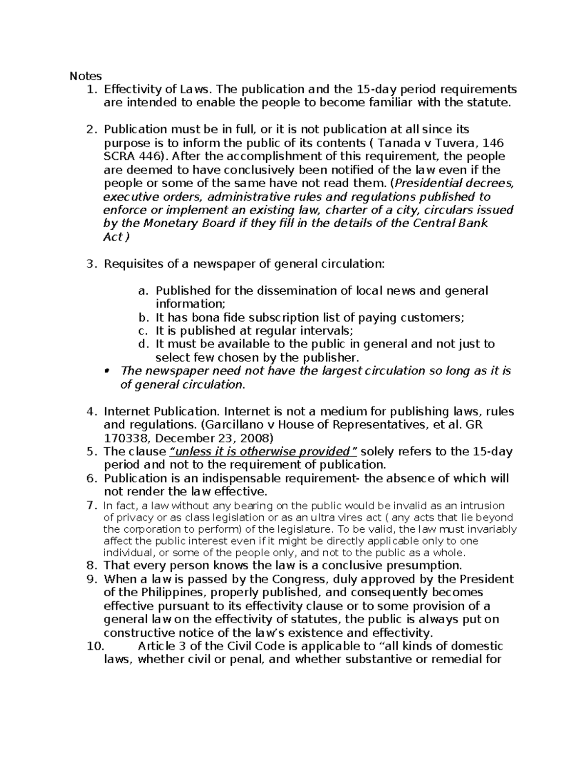 Notes - Notes 1. Effectivity of Laws. The publication and the 15-day ...