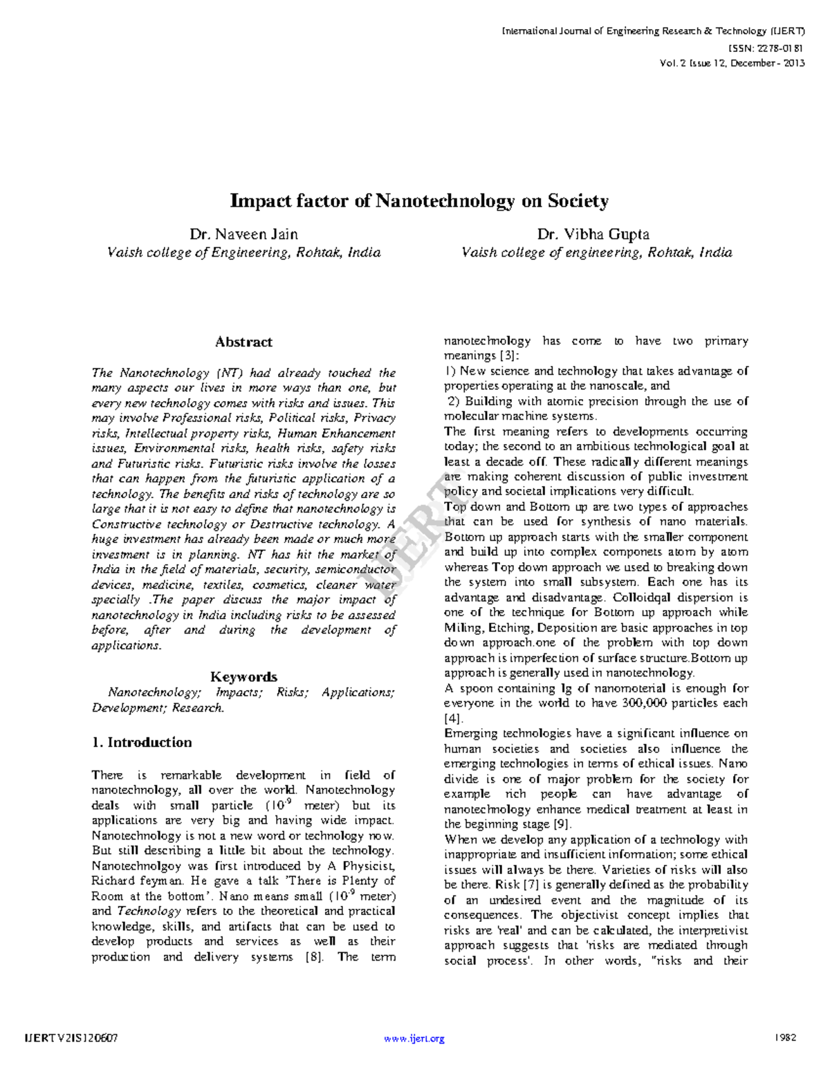 Impact factor of nanotechnology on society Ijertv 2IS120607 1 - Impact ...