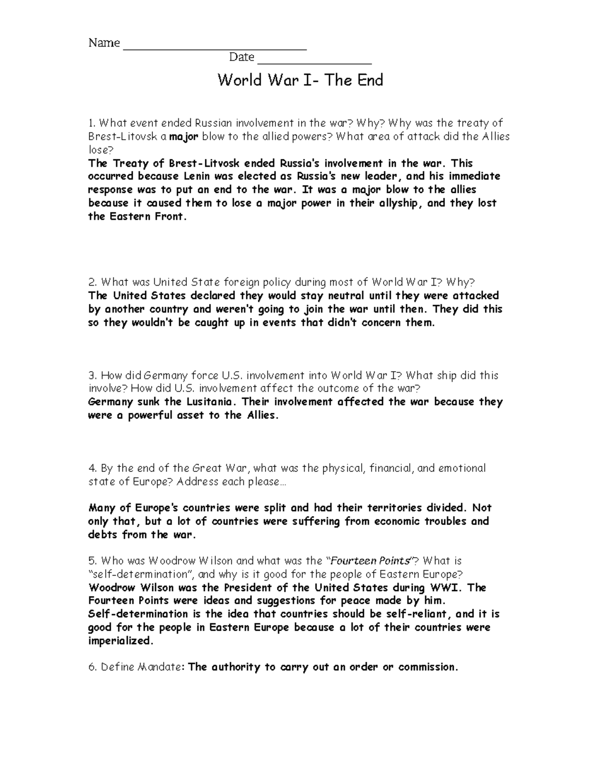 World war 1 End - Date __________________ World War I- The End What ...