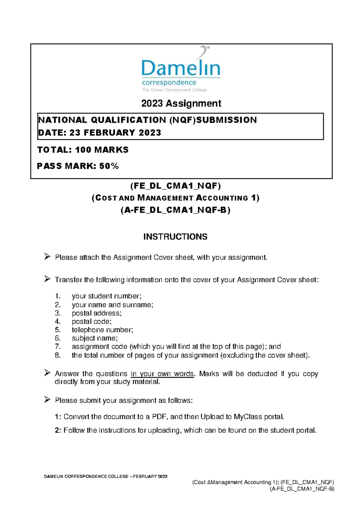 A-FE DL CMA1 NQF-B - assignment - DAMELIN CORRESPONDENCE COLLEGE ...