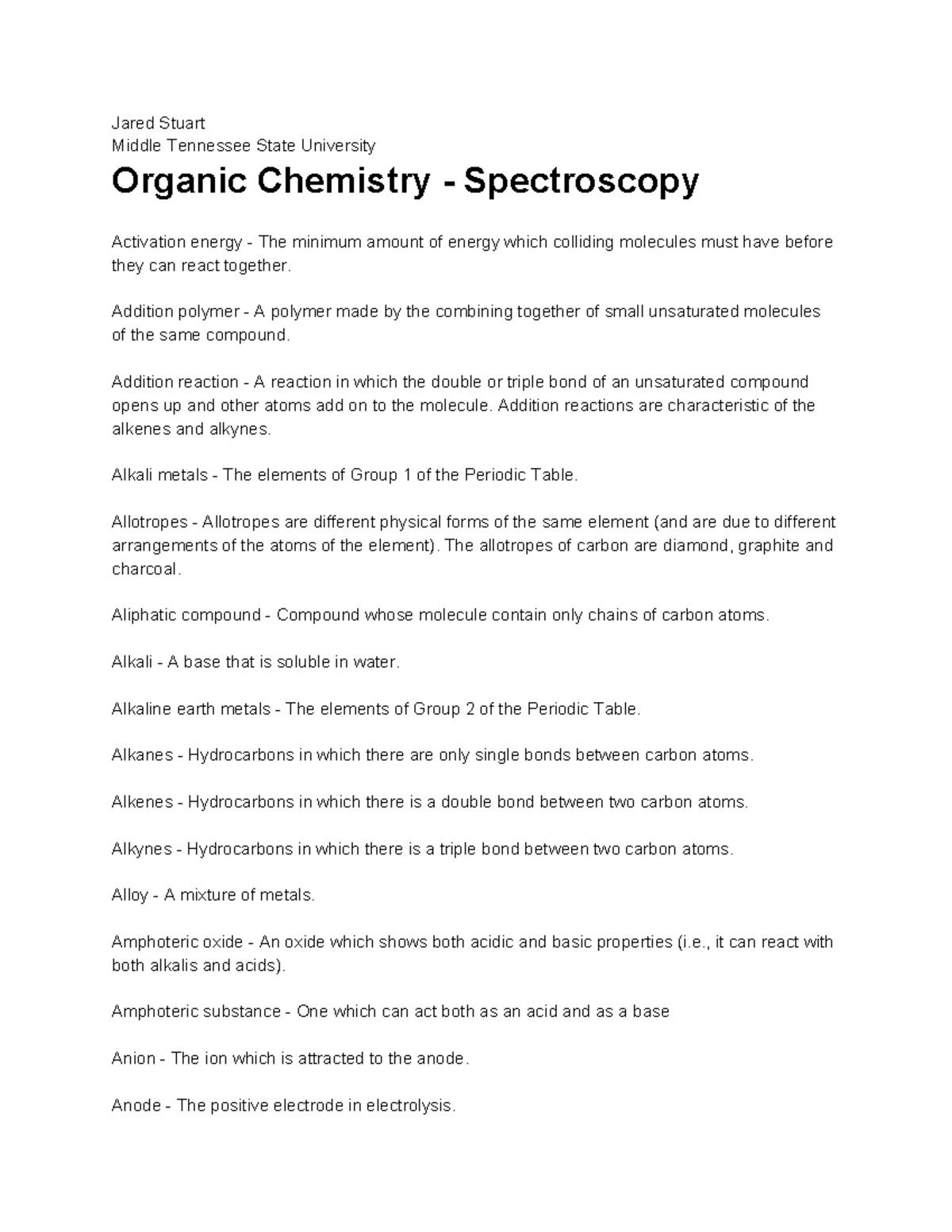 Organic Spectroscopy lecture notes - Jared Stuart Middle Tennessee ...