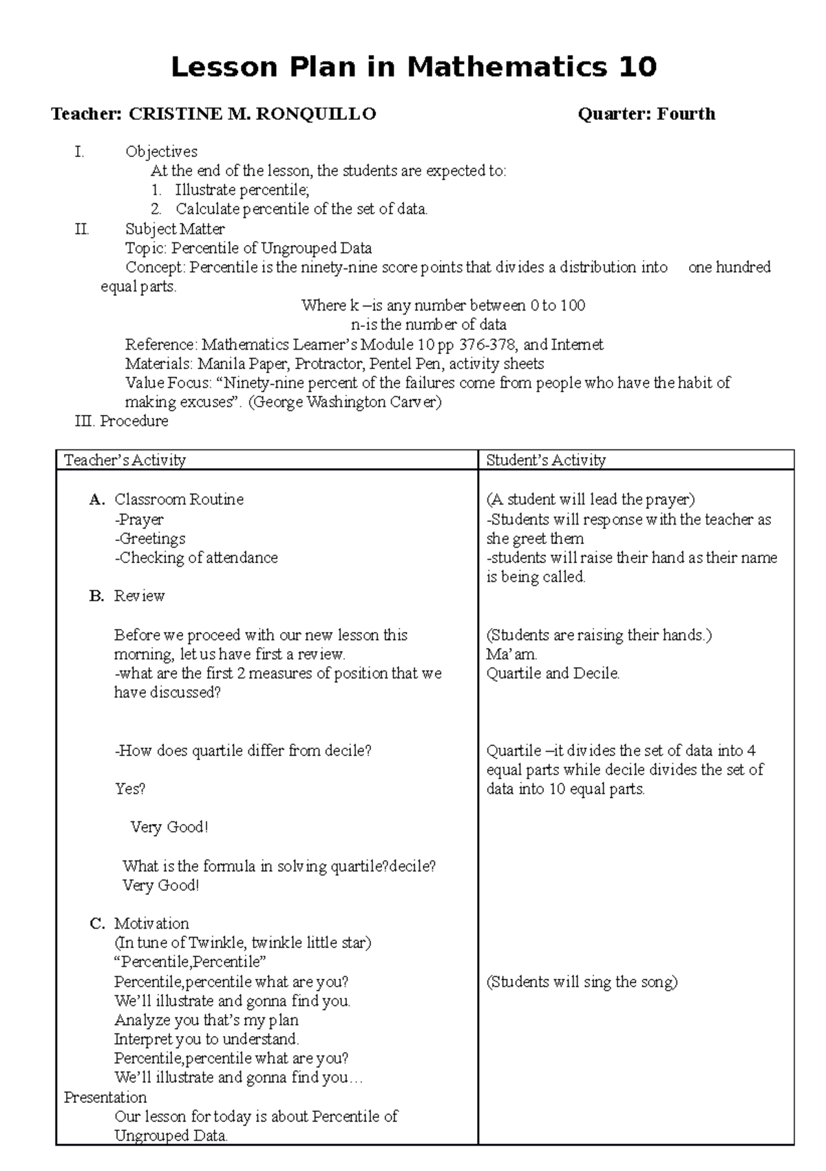 Lesson Plan in Mathematics (Percentile) 4th - Lesson Plan in ...