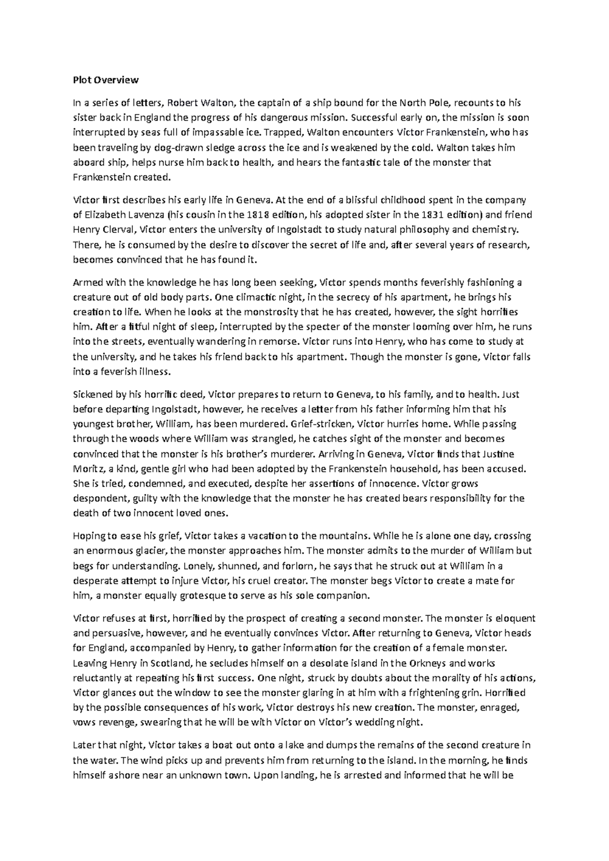 Frankenstein book plot overview - Plot Overview In a series of letters ...