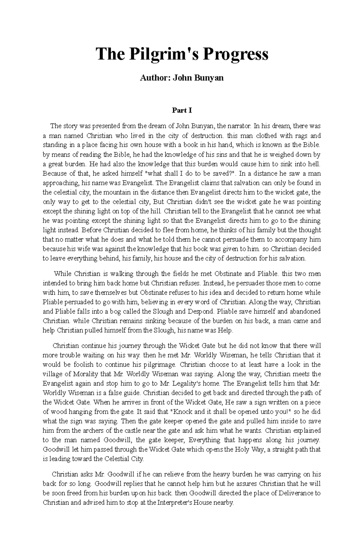 The Pilgrims Progress - The Pilgrim's Progress Author: John Bunyan Part ...