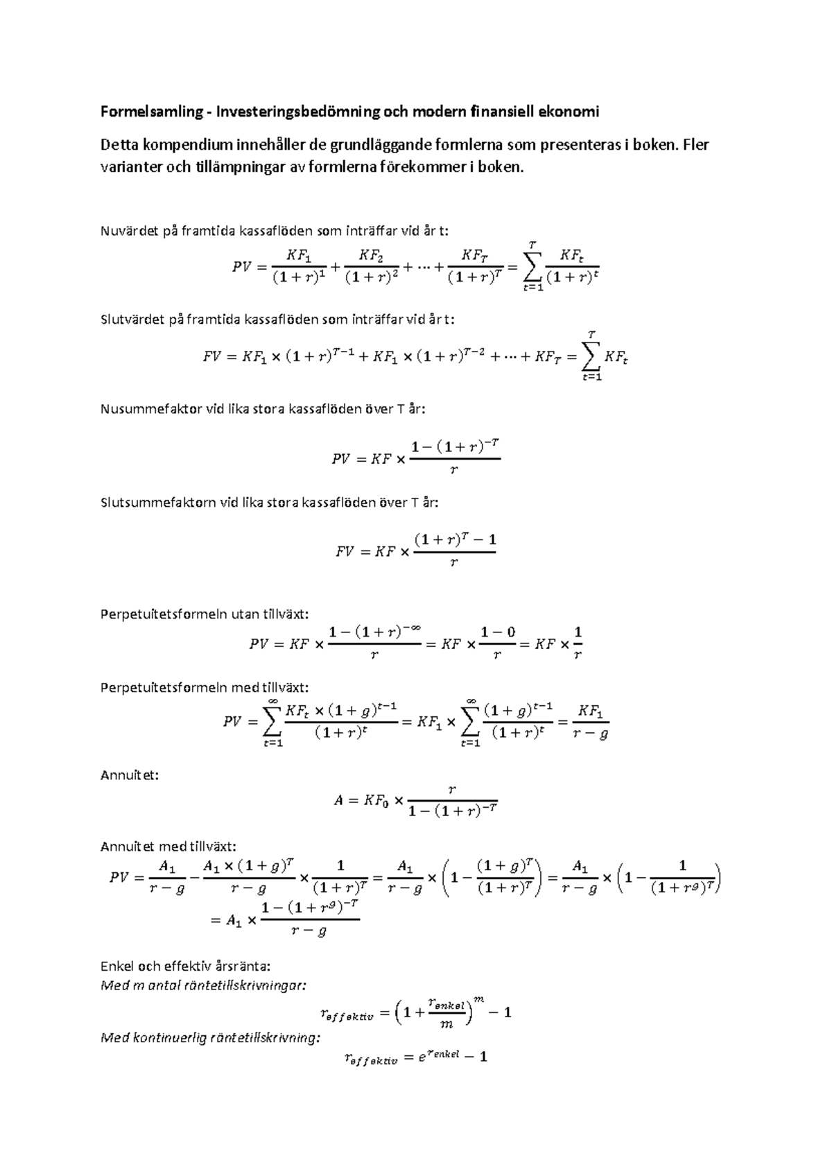Formelsamling utan tabeller - Formelsamling - Investeringsbedömning och modern finansiell ...