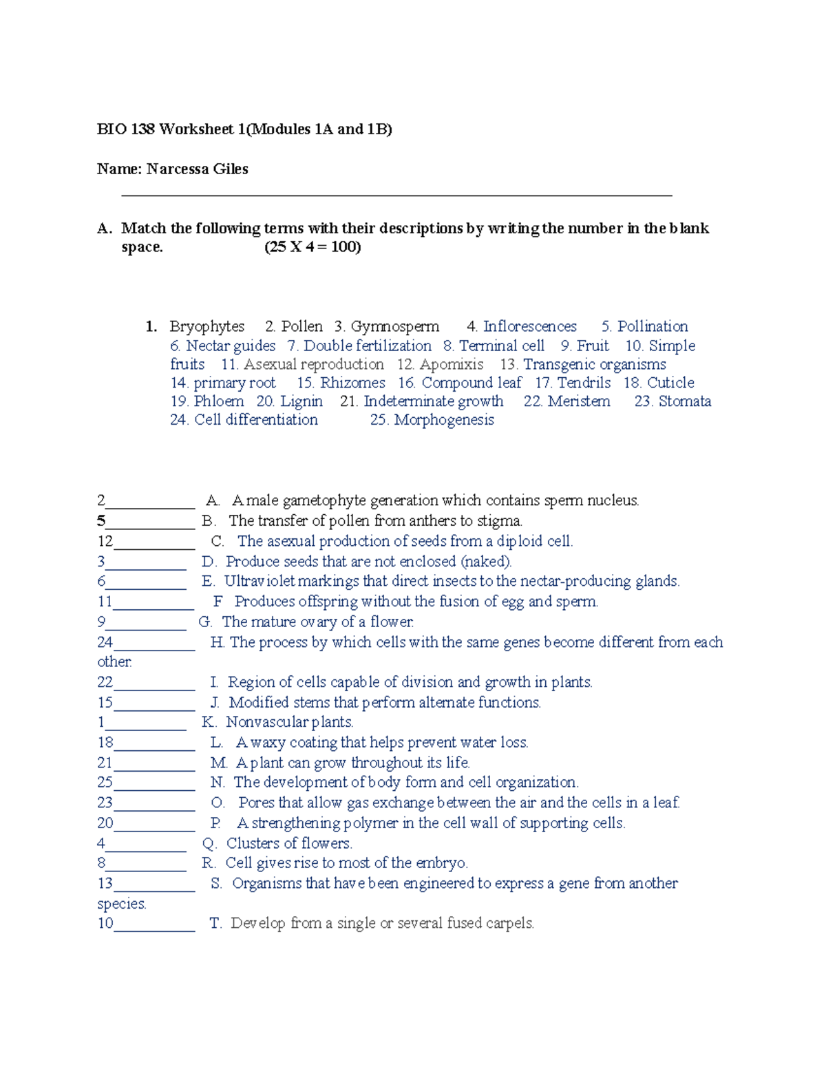 BIO 138 Worksheet 1 module 1 A & B copy - BIO 138 Worksheet 1(Modules ...
