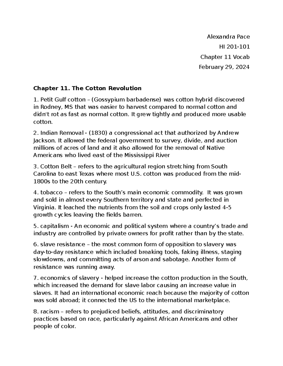 HI Chapter 11 vocab - Alexandra Pace HI 201- Chapter 11 Vocab February 29, 2024 Chapter 11. The ...