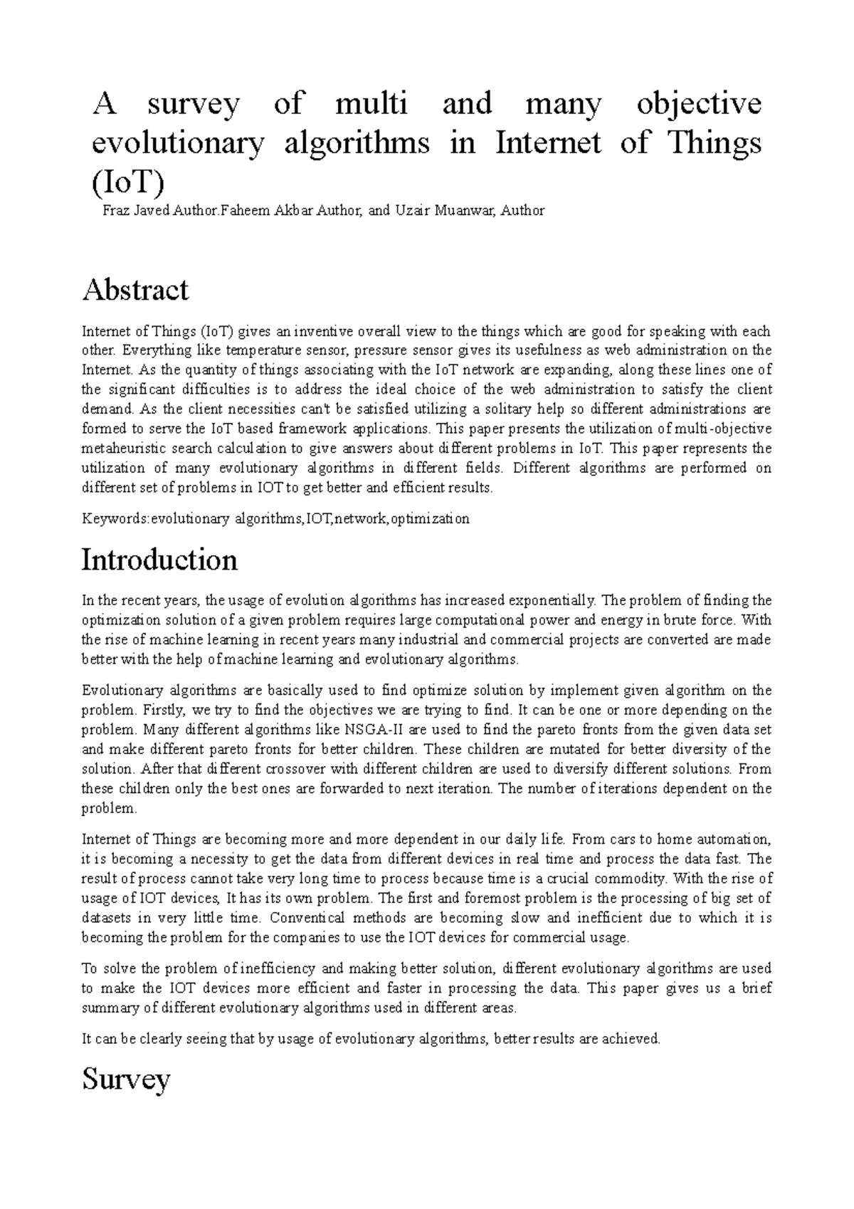 EC survey on MOEA in IOT - Abstract Internet of Things (IoT) gives an ...