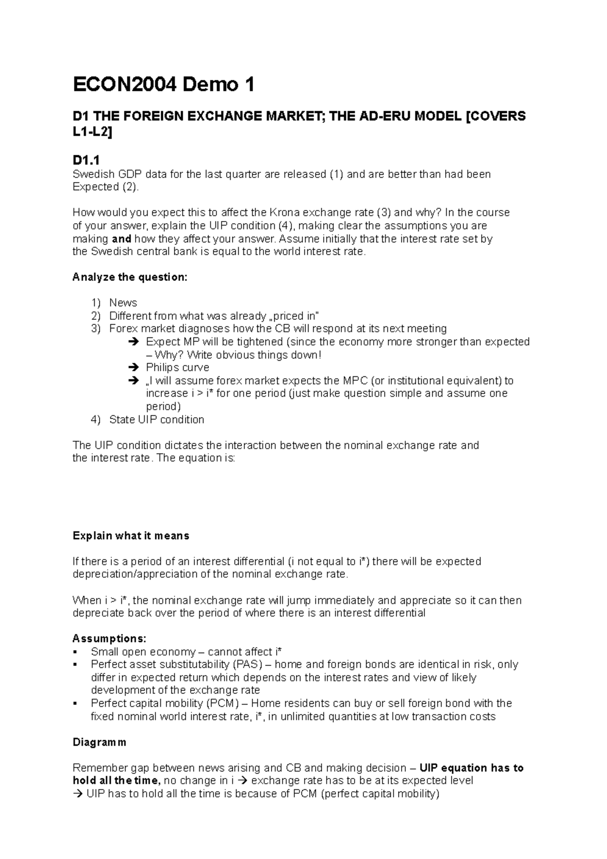 ECON2004 Term 2 Demo 1 - ECON2004 Demo 1 D1 THE FOREIGN EXCHANGE MARKET; THE AD-ERU MODEL ...