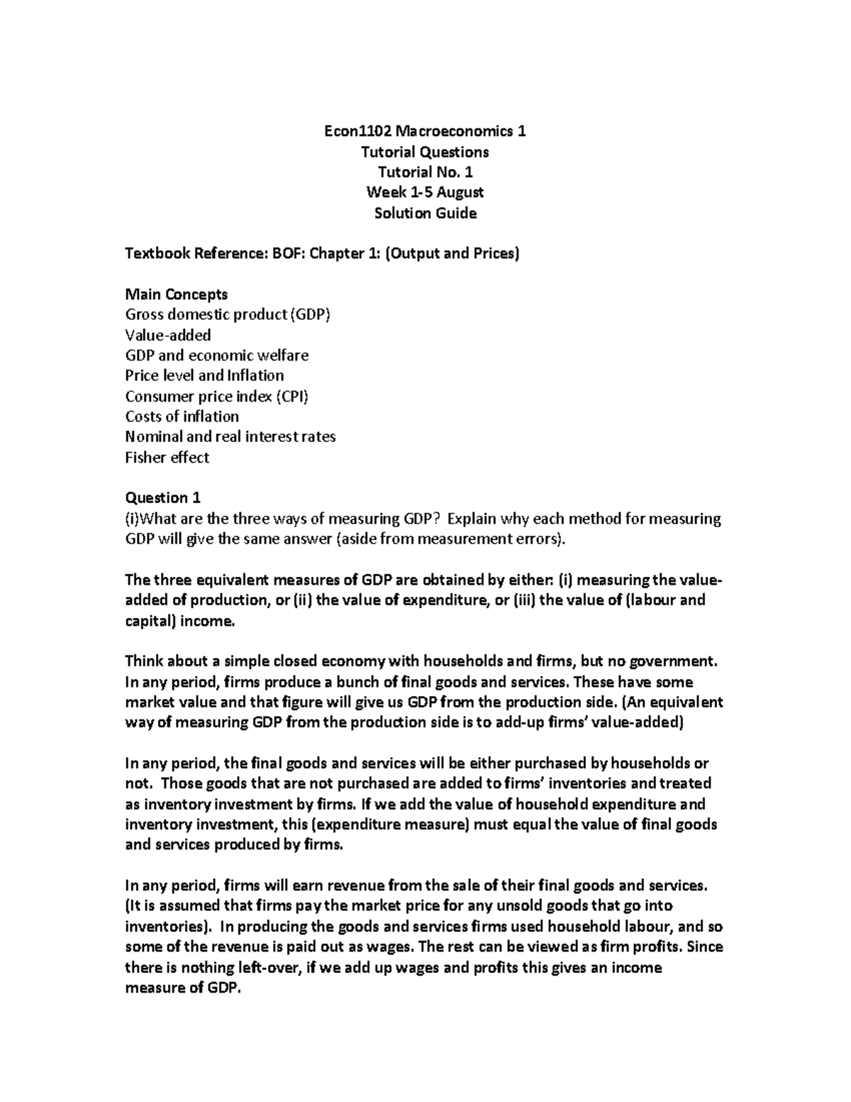 Tutorial No 1 Solution - Econ1102 Macroeconomics 1 Tutorial Questions ...