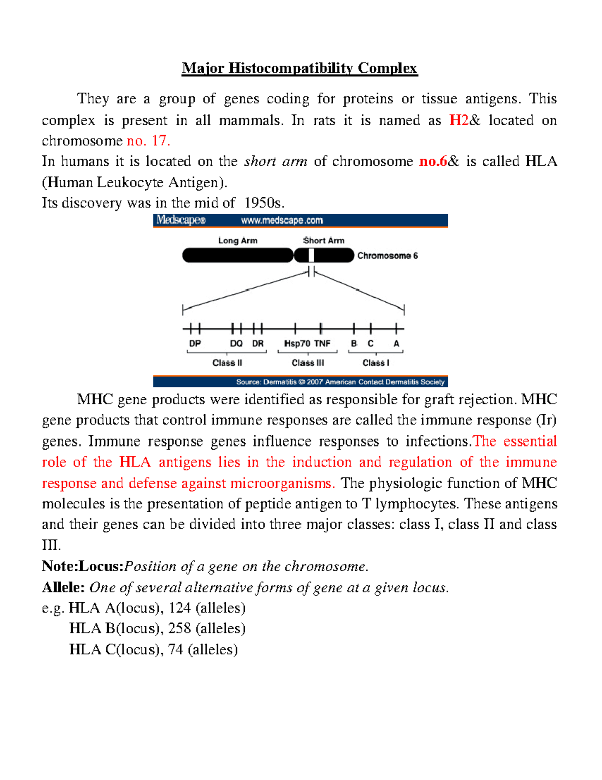 Major Histocompatibility Complex - This complex is present in all ...