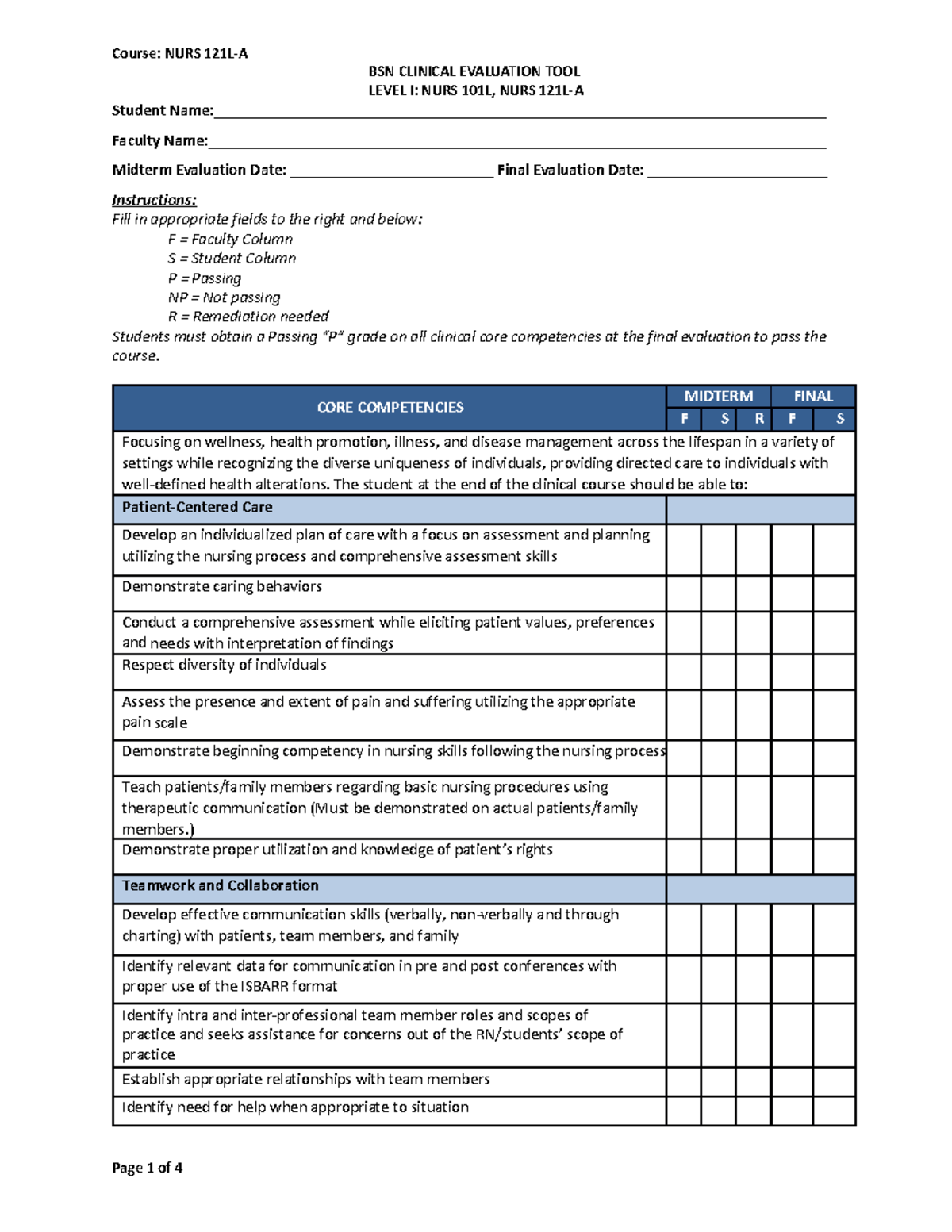NURS 121L-A - BSN Clinical Evaluation Tool Level I - BSN CLINICAL ...