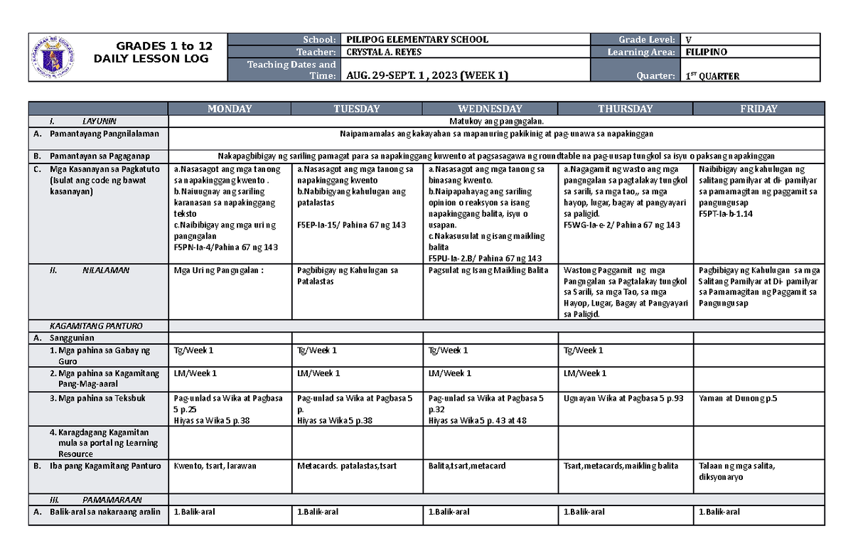 DLL Filipino 5 Q1 W1 - LEARNING IS FUN - GRADES 1 to 12 DAILY LESSON LOG School: PILIPOG ...