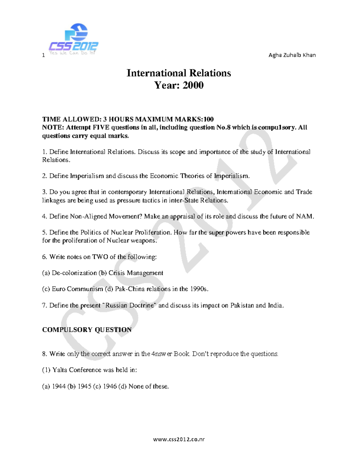 International Relations past paper - 1 Agha Zuhaib Khan css2012.co ...