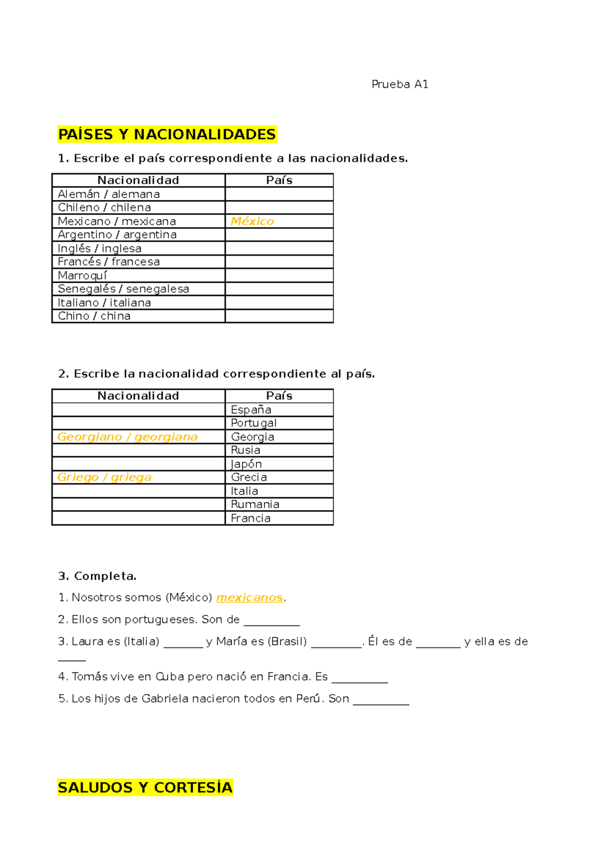 Ejercicios Vocabulario A1 para practicar - Prueba A PAÍSES Y ...