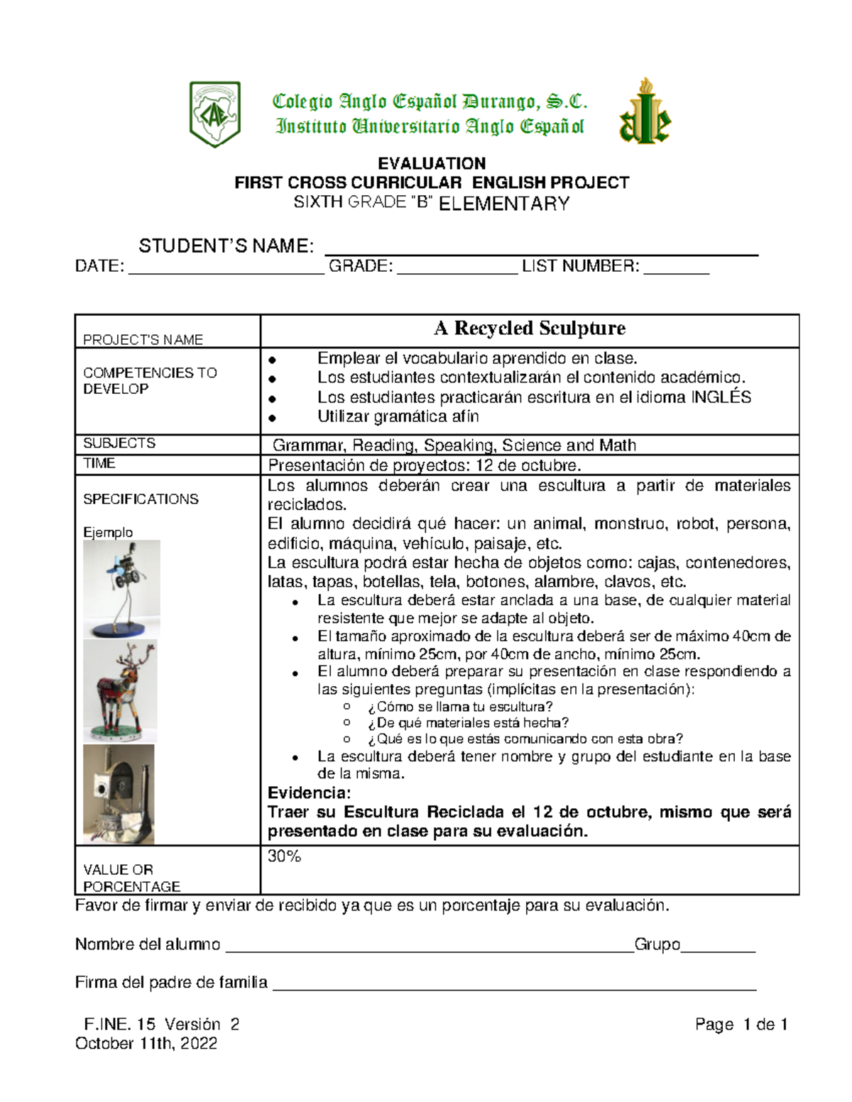 6B English Project first trimester - EVALUATION FIRST CROSS CURRICULAR ...