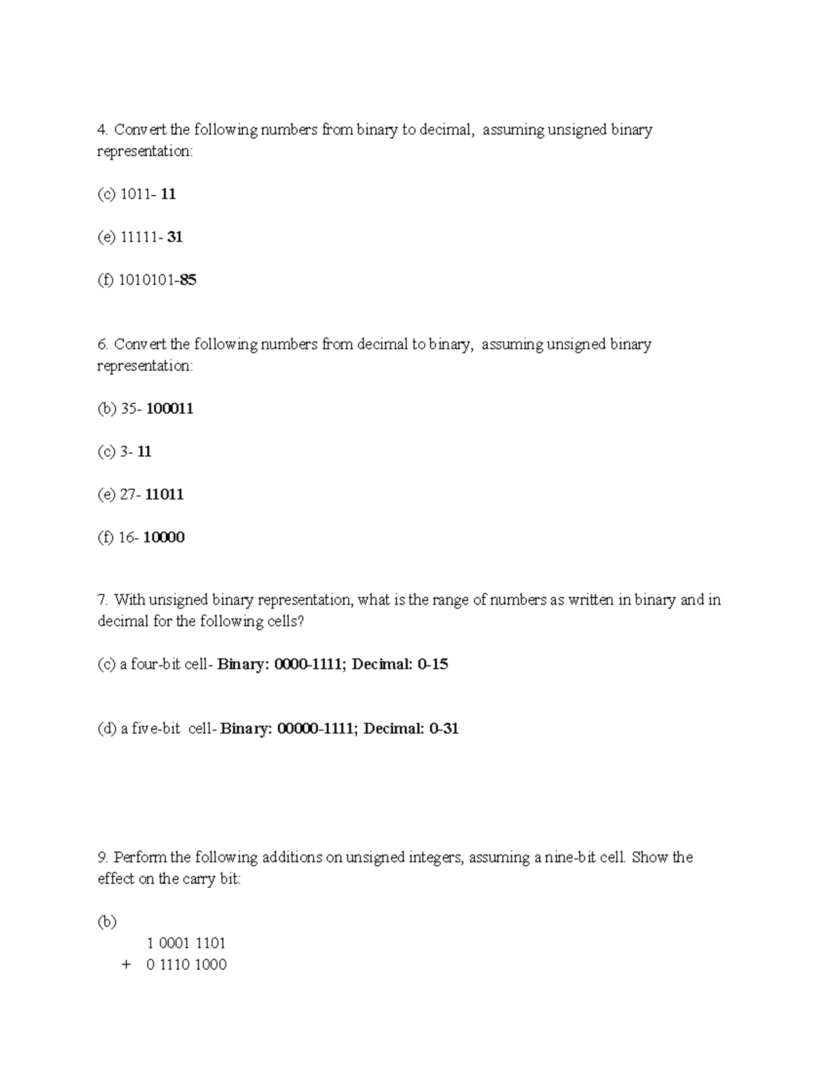 Assignment 2 - Convert the following numbers from binary to decimal, assuming unsigned binary ...