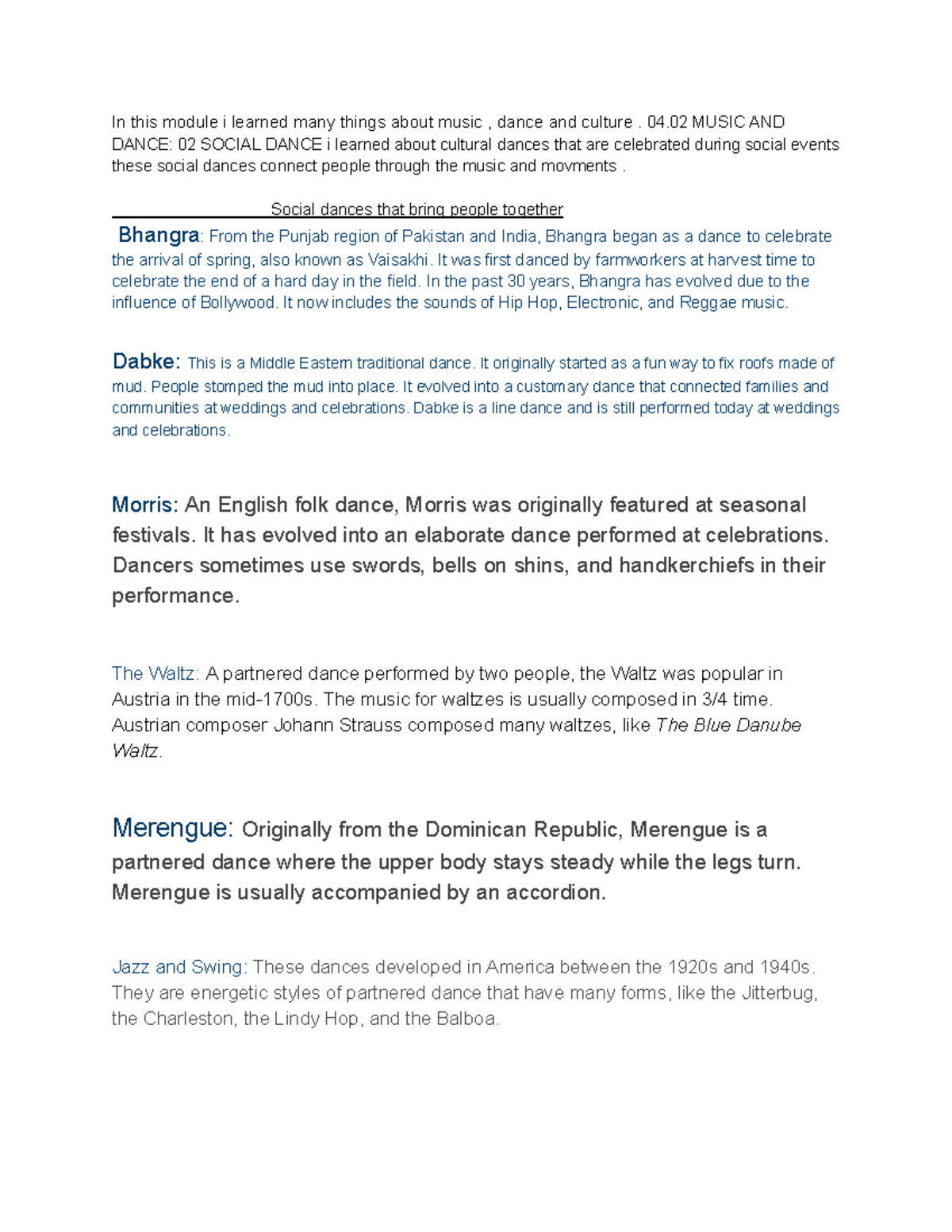 04.03 Dance Discussion-Based Assessment - In this module i learned many ...