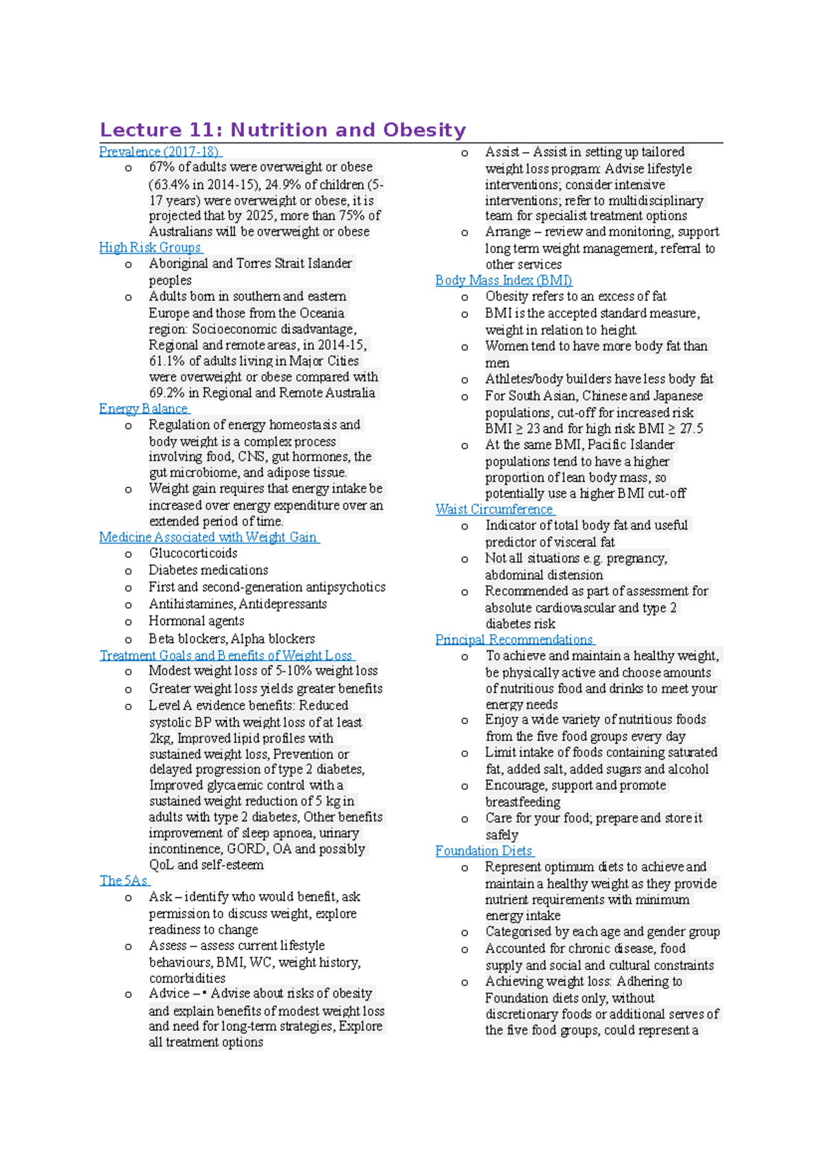 PHAR1821 Lectures - SUMMARY OF THE NOTES - Lecture 11: Nutrition and ...
