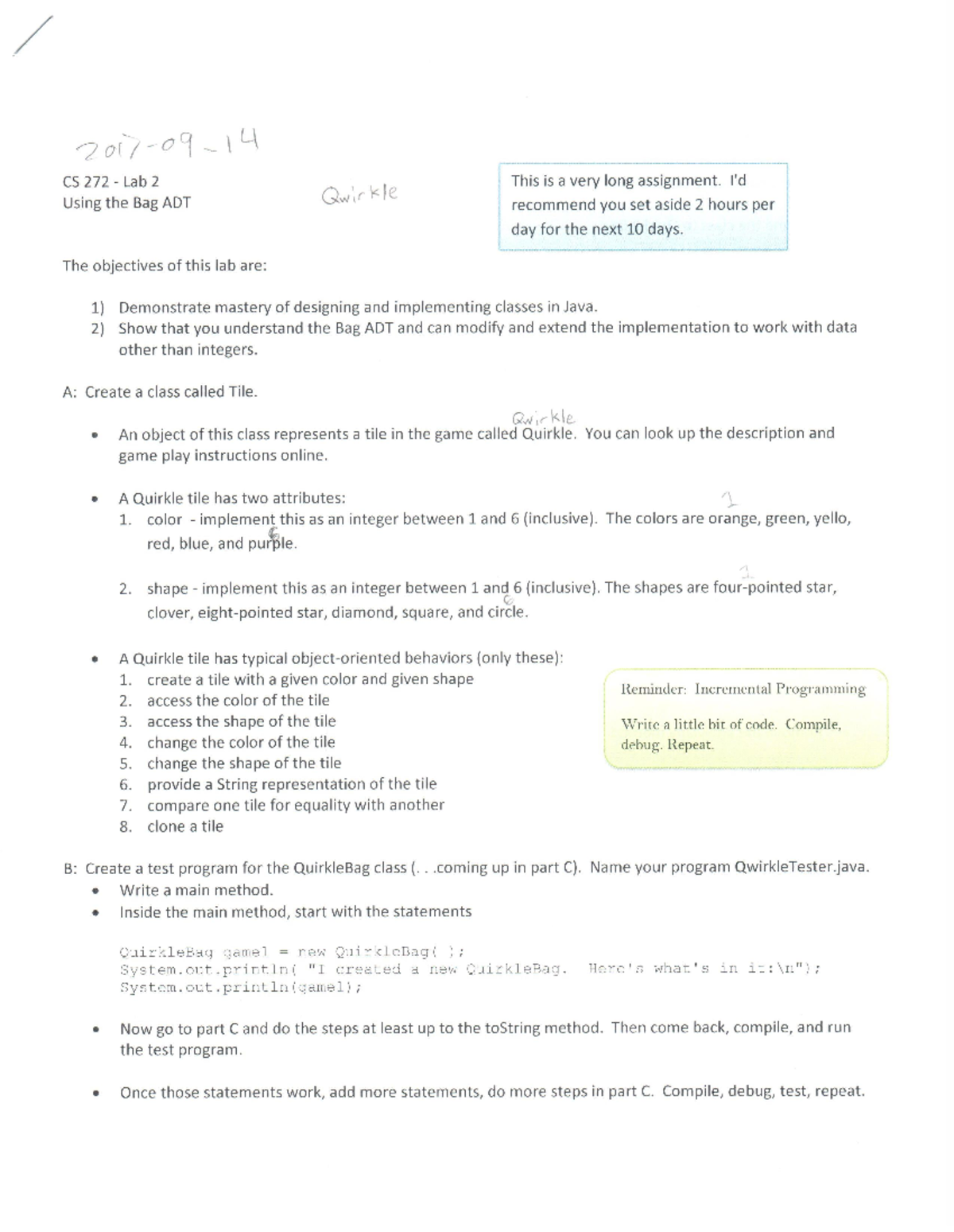 CS 272 Lab 2 instructions - CS 272 Lab 2 This is a very long assignment ...
