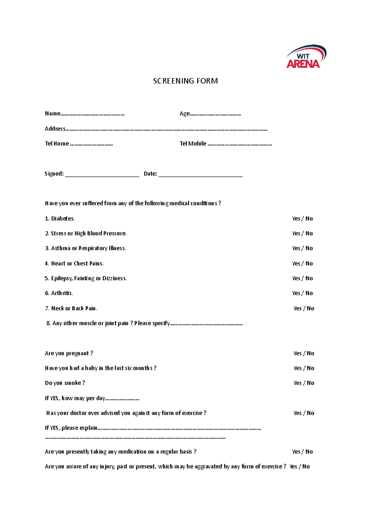 Fitness Screening FORM - SCREENING FORM Name