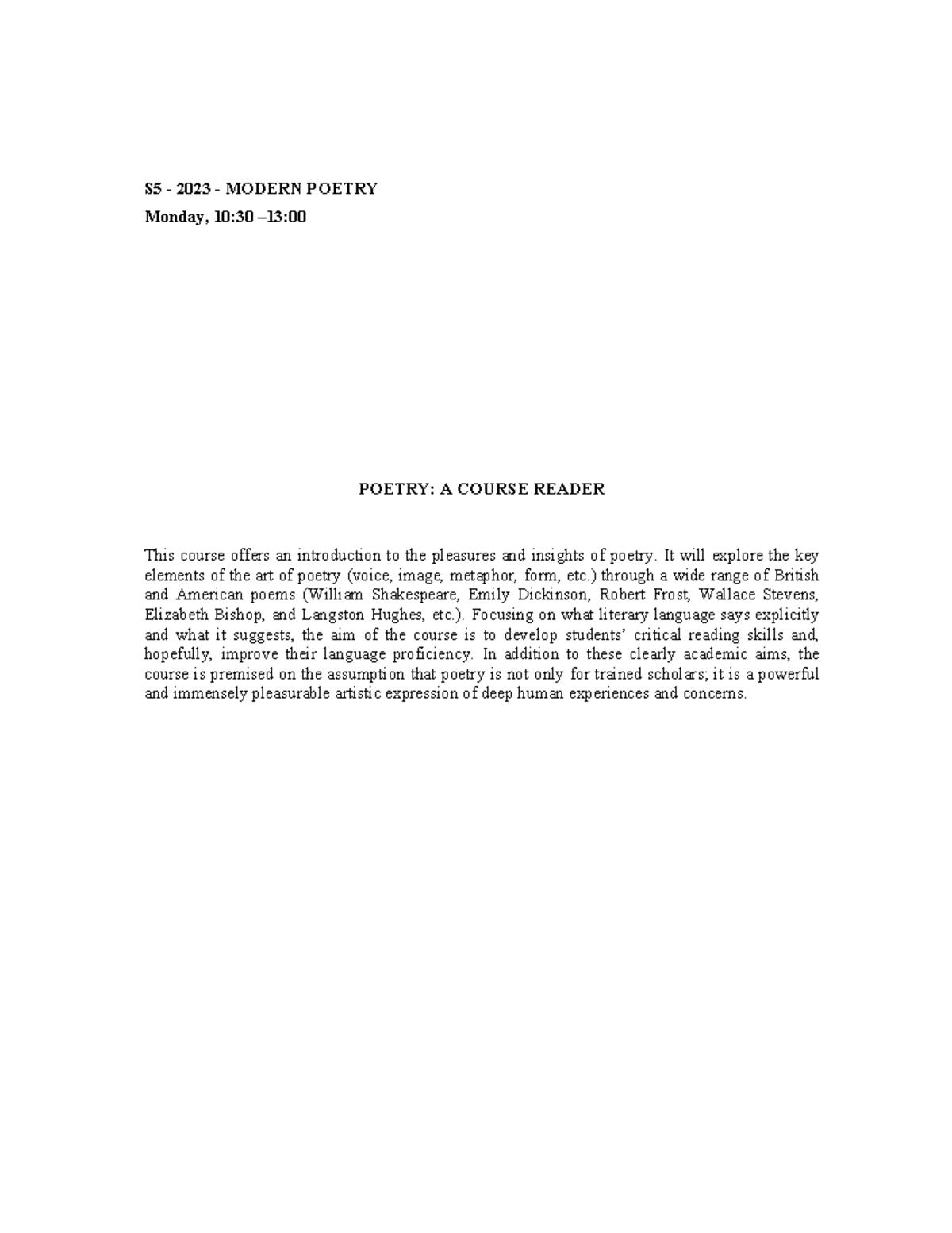 Poetry Course Reader 2023-24 - S5 - 2023 - MODERN POETRY Monday, 10:30 ...