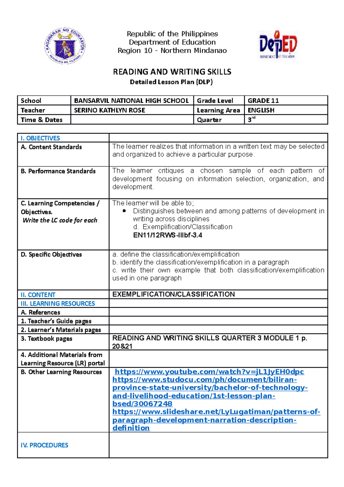 Classification AND Exemplification DLP - Republic of the Philippines ...