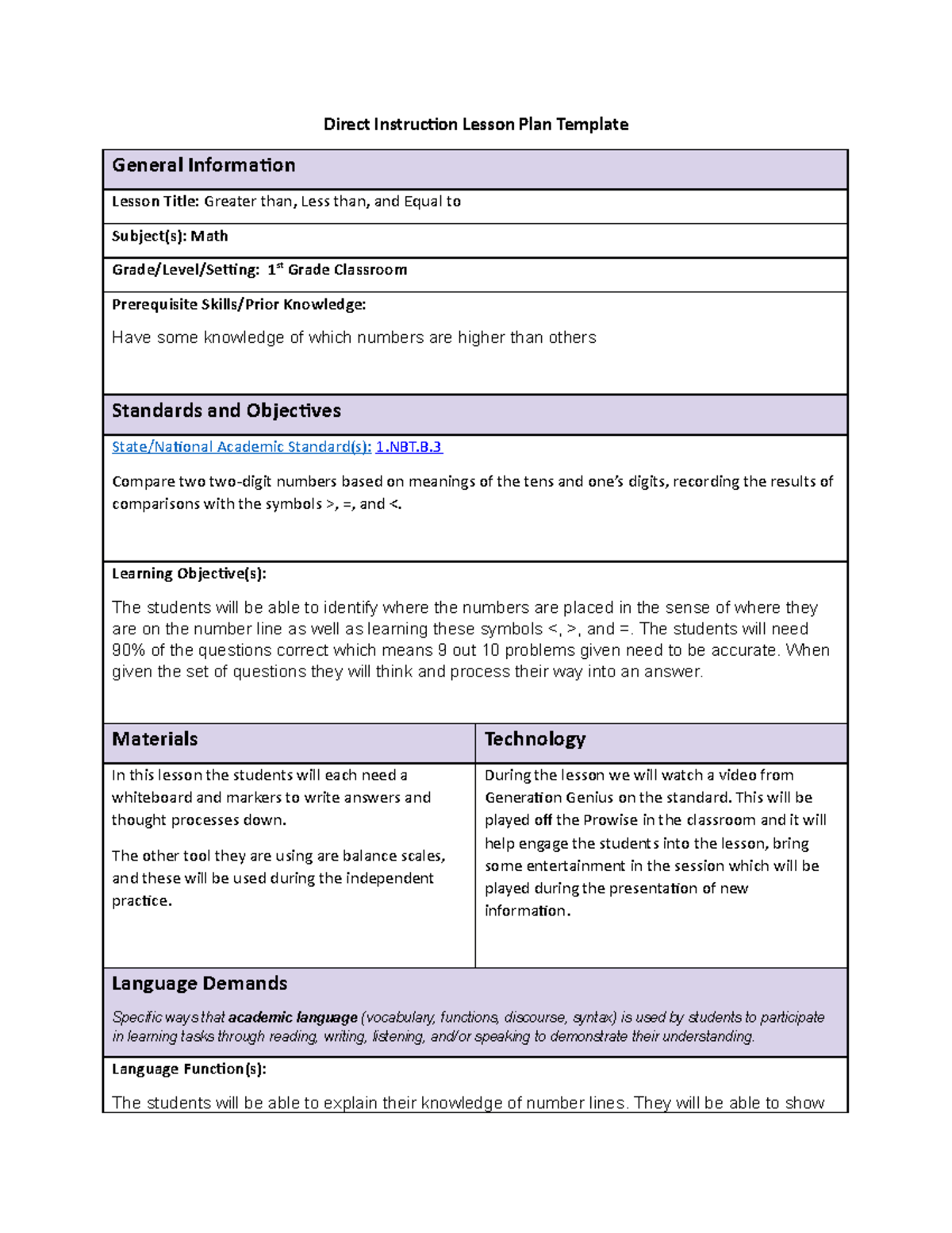 Elementary Mathematics Methods C109 Lesson Plan reuse - Direct Instruction Lesson Plan Template ...