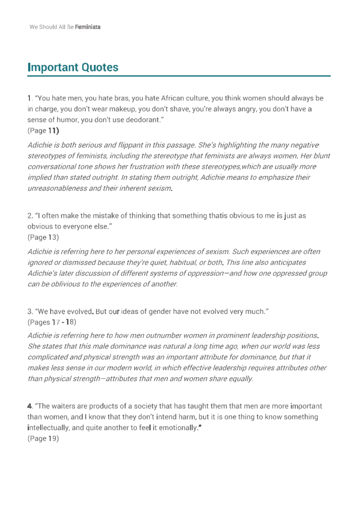 Quotes - Study guide - We Should All Be Feminists Important Quotes 1 ...