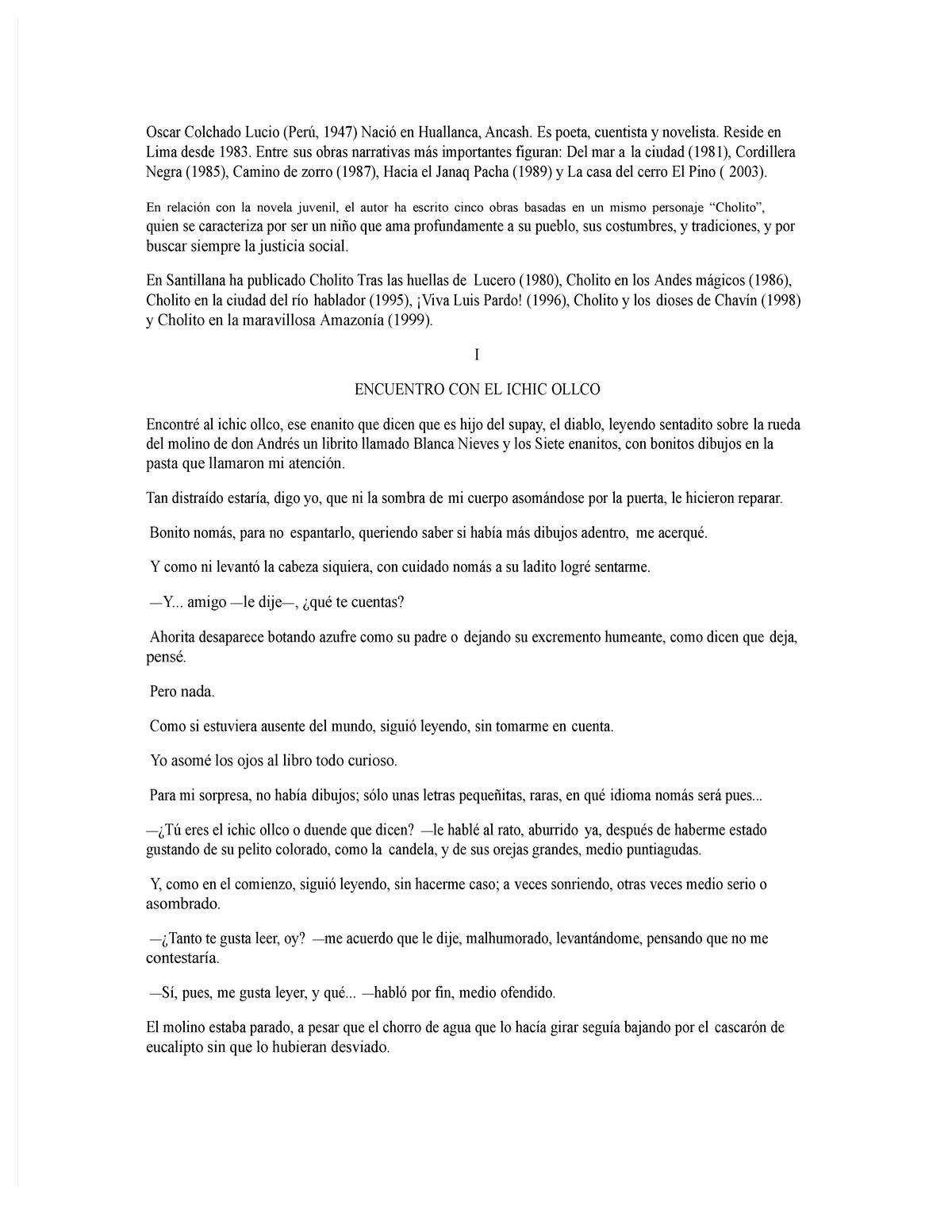 Pdf cholito en los andes magicos - Oscar Colchado Lucio (Perú, 1947 ...