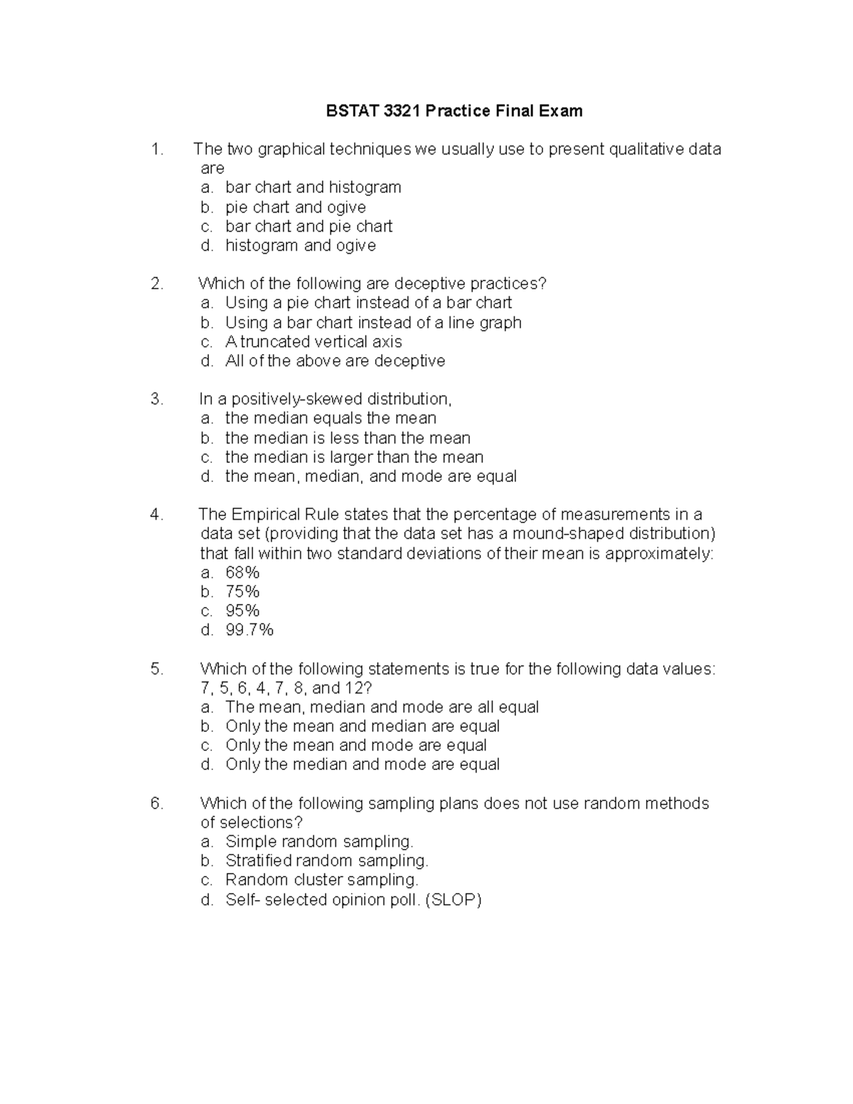 Bstat 3321 Practice Final Exam Spring 2023 - BSTAT 3321 Practice Final ...