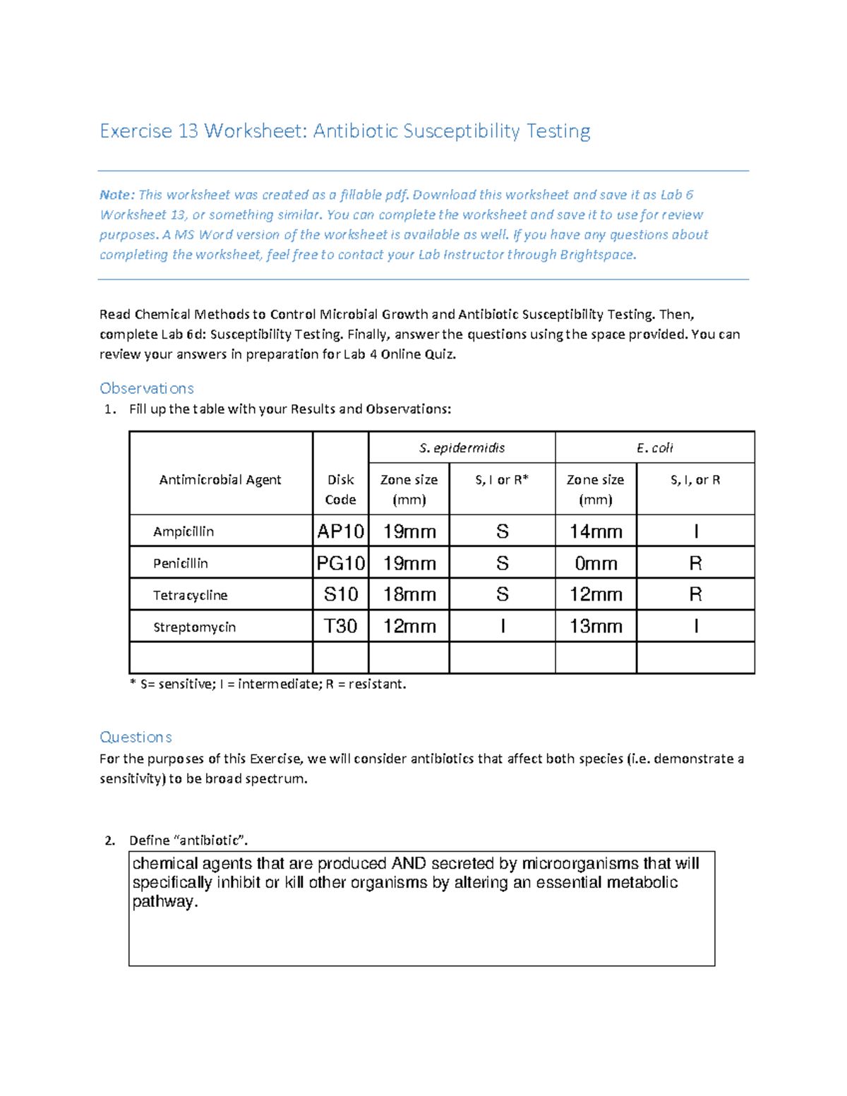 Lab 6a microbio - Exercise 13 Worksheet: Antibiotic Susceptibility ...